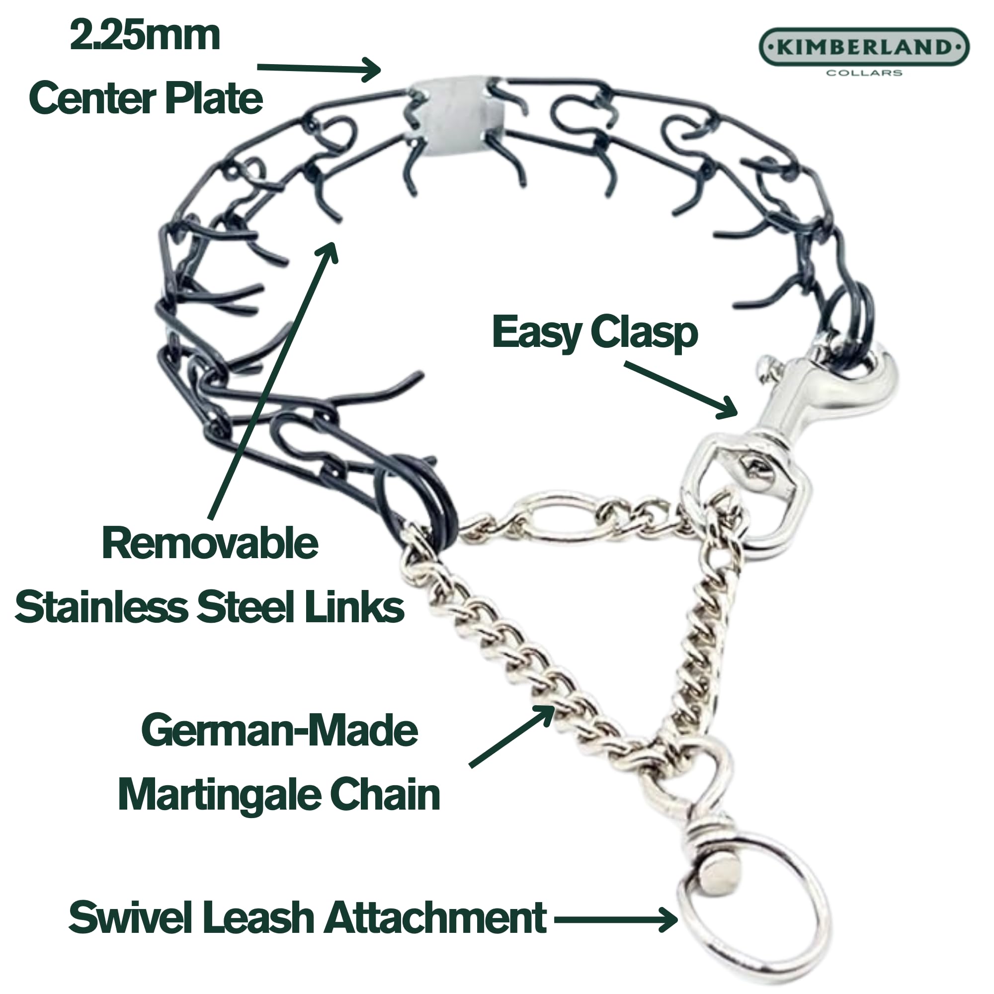 Kimberland Collars Clasp 2.25mm Stainless Dog Training Collar for Large Breeds | 16β Prong Collar for Dogs 26lbs & Up | No-Pull Collar | Dog/Puppy Training & Behavior Aid