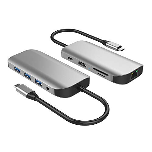 ZPLJ High-Speed 9 in 1 Hub with Ethernet Port 4K HDMI 3 USB 3.0 and USB-C Power Delivery 3.5mm Audio Support SD TF Card Reader Compatible for Flash Drive Laptops USB Hub Adapter Portable