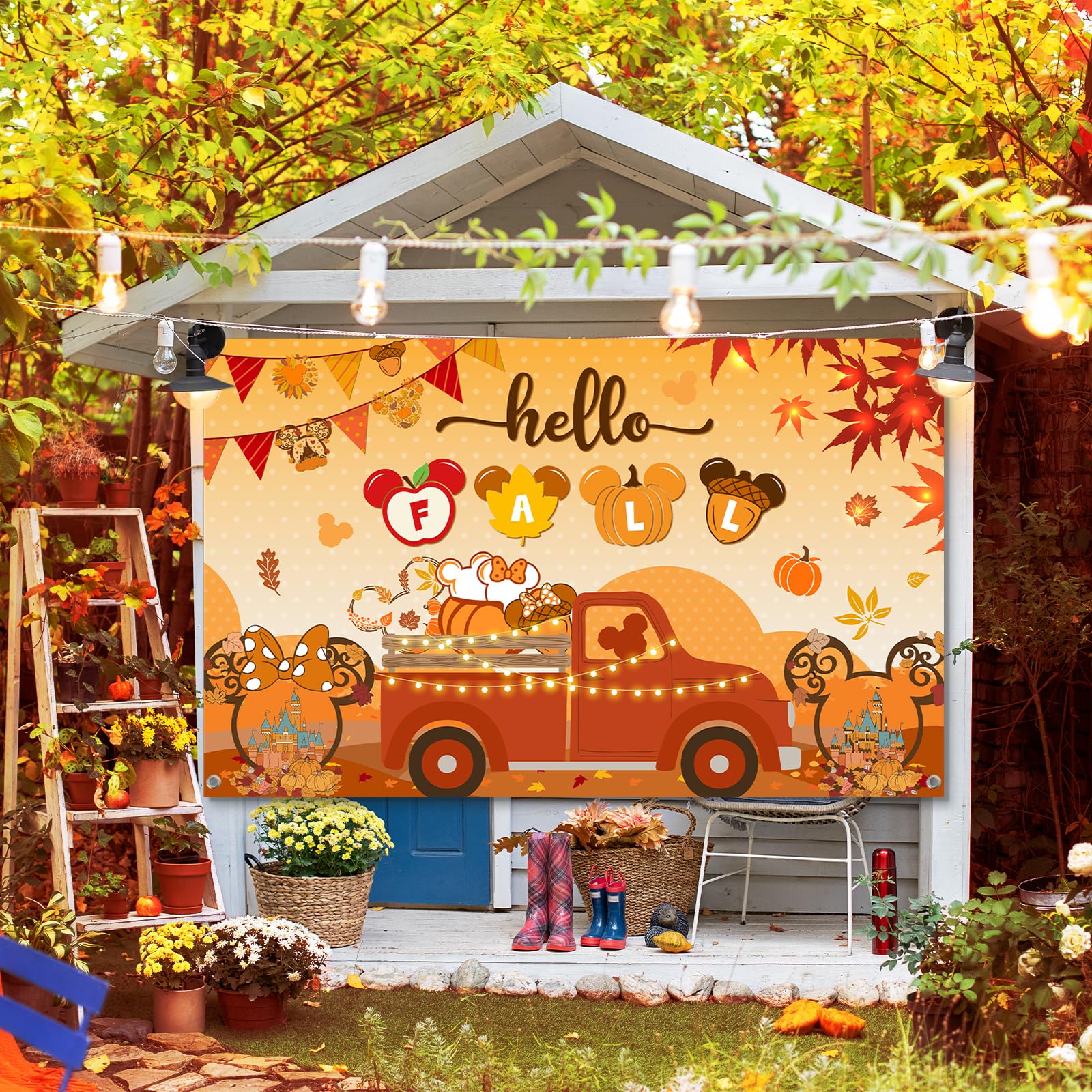 Hello Fall Backdrop Decoration,Fall Theme Supplies Mouse Pumpkin Photography Background Banner Maple Leaf Photo Props for Thanksgiving Party Decoration