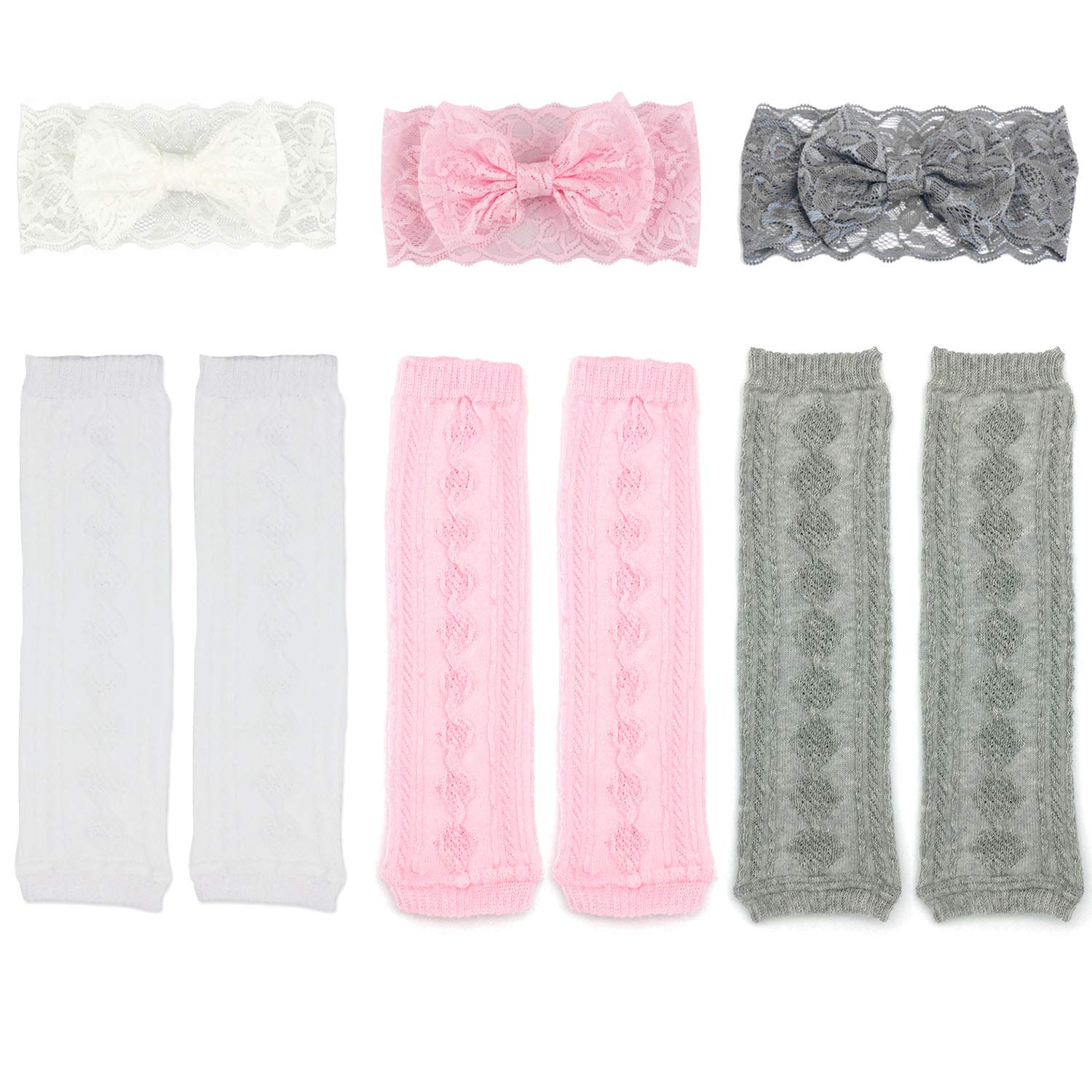 Elesa Miracle 3 Pairs Knitted Baby & Toddler Cozy Soft Argyle Leg Warmers and Baby Lace Bow Headband Value Set