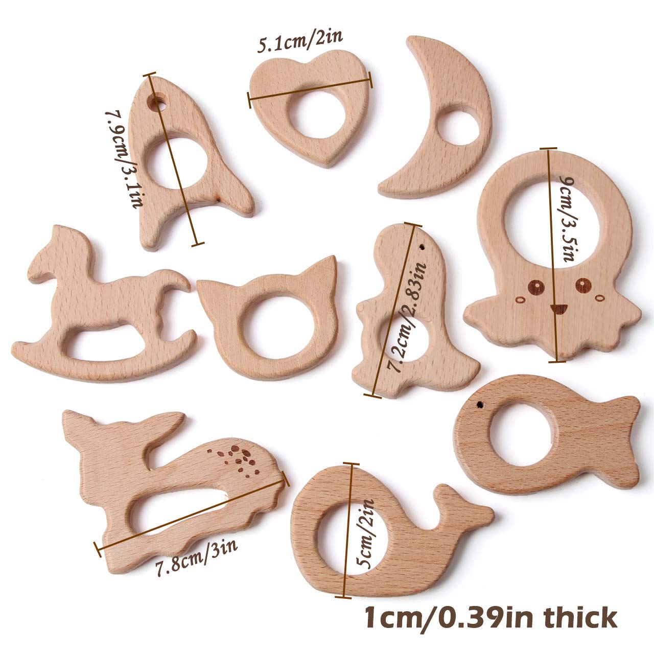 Baby Organic Wood Teether Set DIY Rattle Ring for Infant Gum Relief Grasping Toy Jewelry Holder, Rocket Heart Moon Jellyfish Hobbyhorse Bear Dinosaur Fish Deer Whale