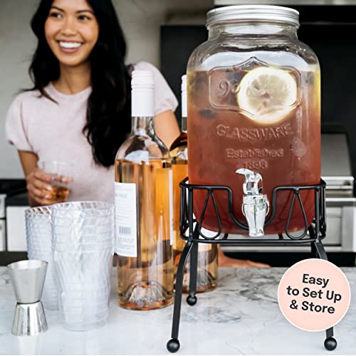 Estilo Glass Drink Dispenser w/Stand for Parties - 1 Gallon Glass Jar Beverage Dispenser w/Stand - Glass Water Dispenser Countertop for Weddings, Sun Tea Jar, Laundry Detergent & Lemonade Dispenser
