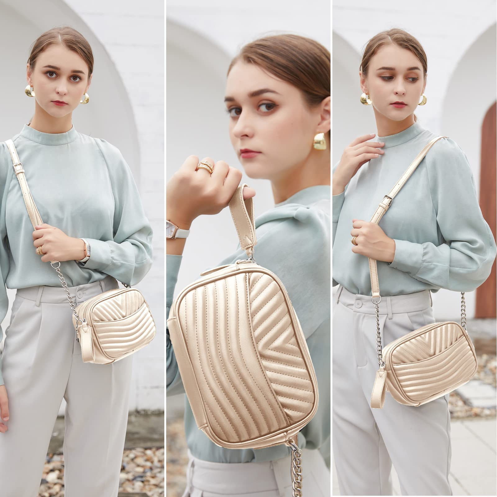 Crossbody Bags For Women, Small Quilted Purses Lightweight Camera Bag Stylish Double Zipper Shoulder Purse And Handbags Beige
