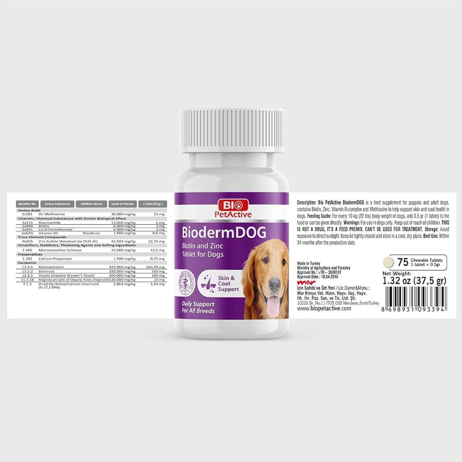 Bio Pet Active BiodermDOG 0.5 Zinc and Biotin Tablets for Dogs, Immune System, Skin, Coat and Nail Support for Dogs, 1.32 oz, 75 Chewable Tablets