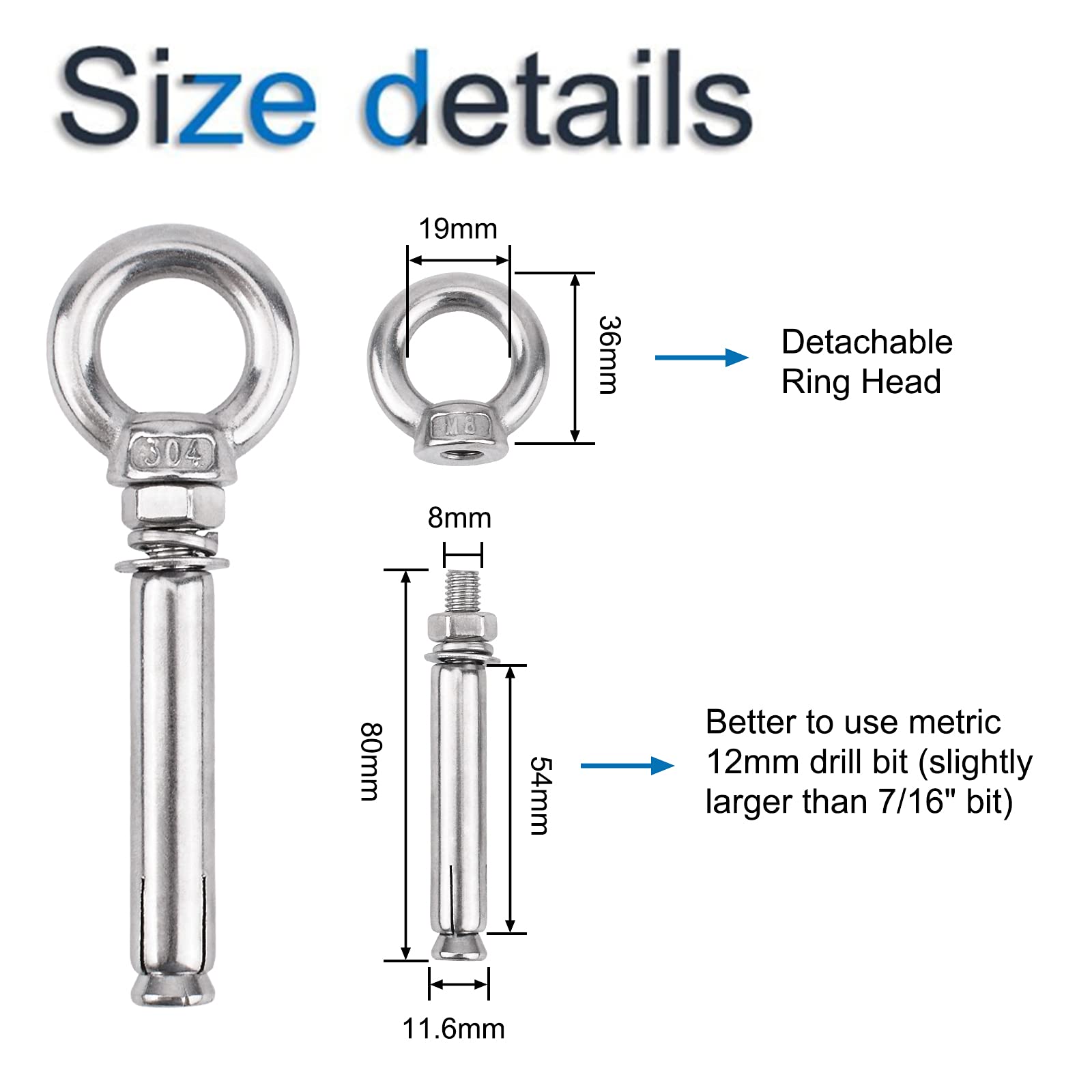INCREWAY Expansion Bolt, 4 Pcs 304 Stainless Steel Ring Lifting Anchor Eyebolt Expansion Screw with Ring Closed Hook Internal Expansion Bolt Fastner for Concrete Wall, M8 x 80mm