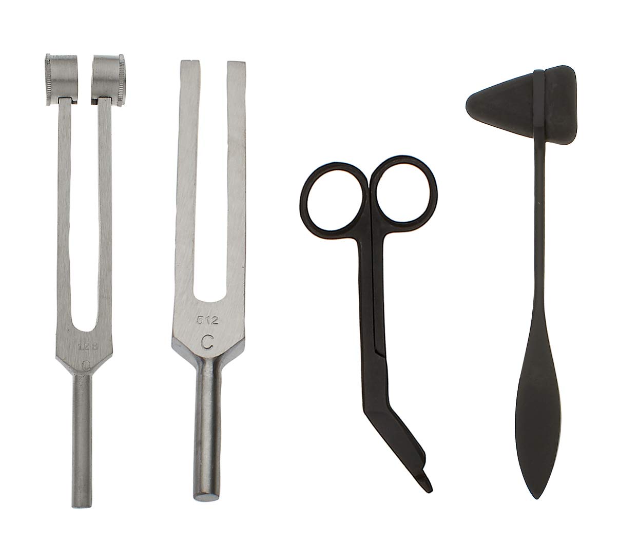 SURGICAL ONLINE Tactical Black - Set of 4 pcs Reflex Taylor Hammer Mallet Tuning Fork c 128 512 Hz Bandage Scissors 5.5"