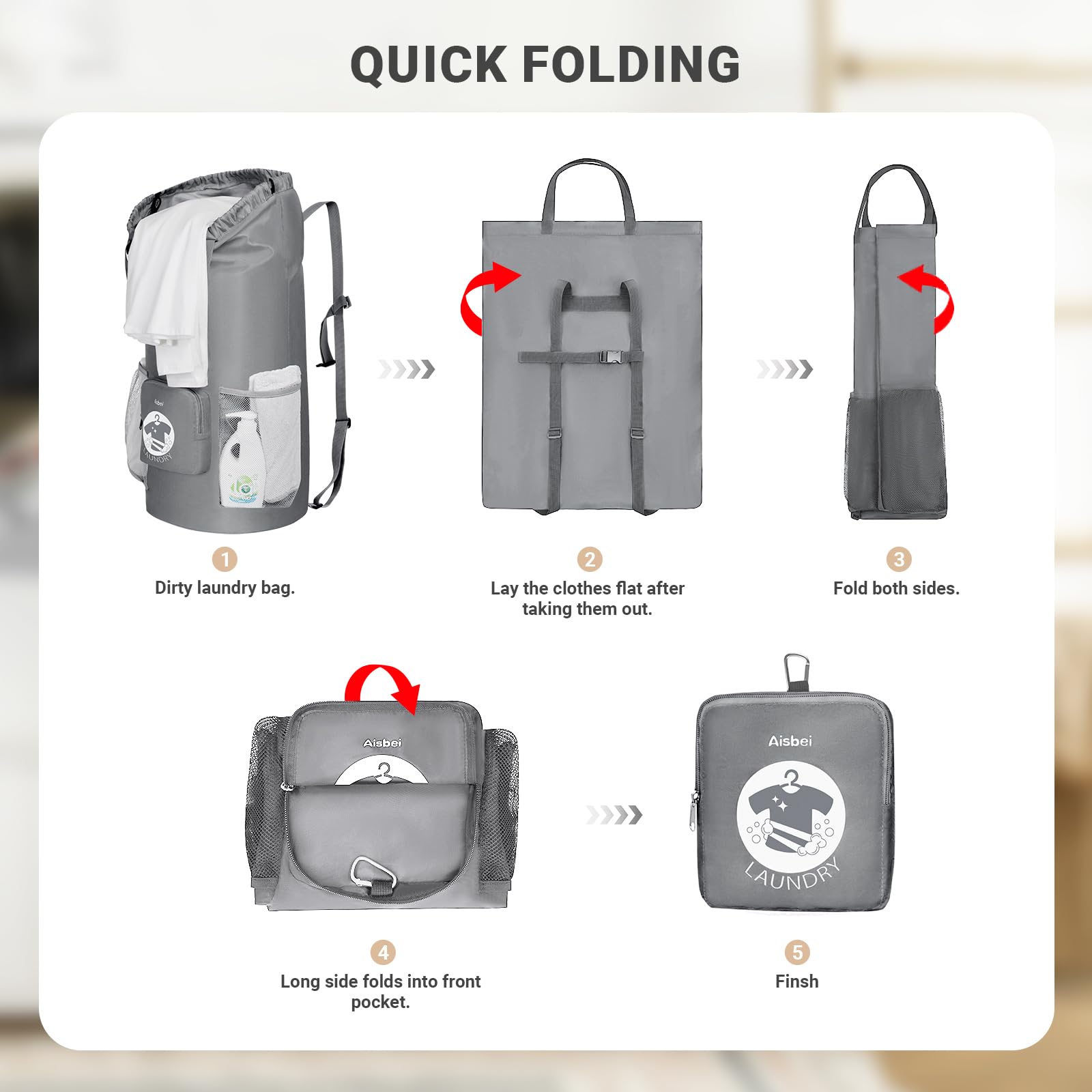 Aisbei 100L Foldable Laundry Bag Backpack with Chest Straps-Large Travel Laundry Bag for Dirty Clothes-Laundry Hamper Bag for College Apartment Laundromat Dorm Room Camping Essentials(Grey)