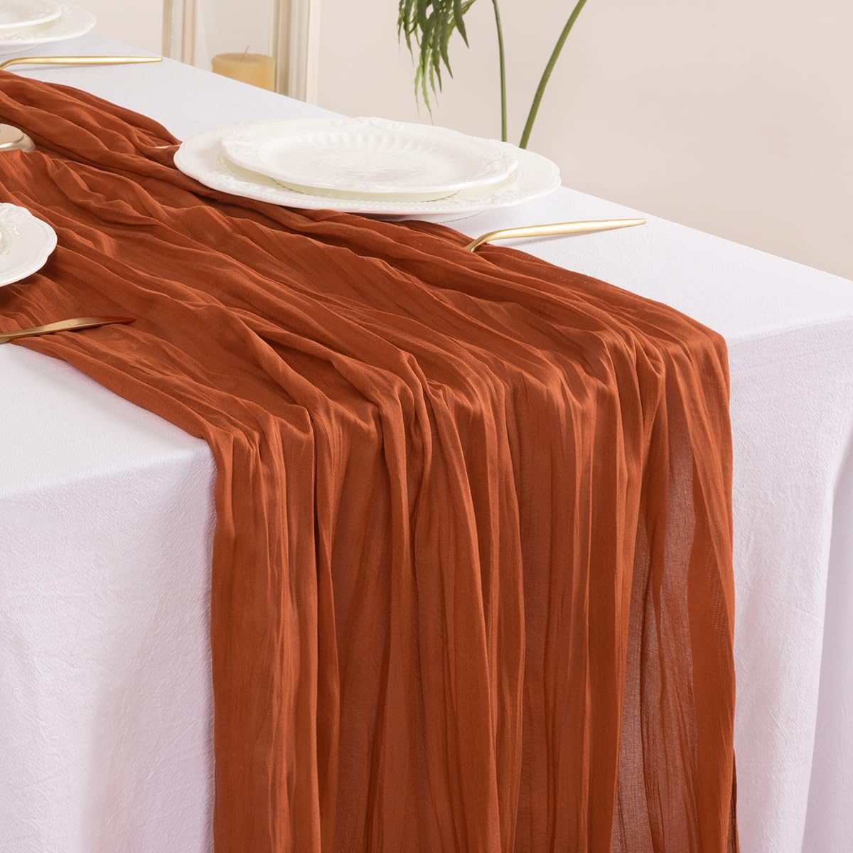 Socomi Terracotta Table Runner Thanksgiving Spring Easter Cheesecloth Table Runner 120 inch Cheese Cloth Runner 10FT Boho Rustic Gauze Table Runner for Wedding Party Baby Shower Birthday Decor