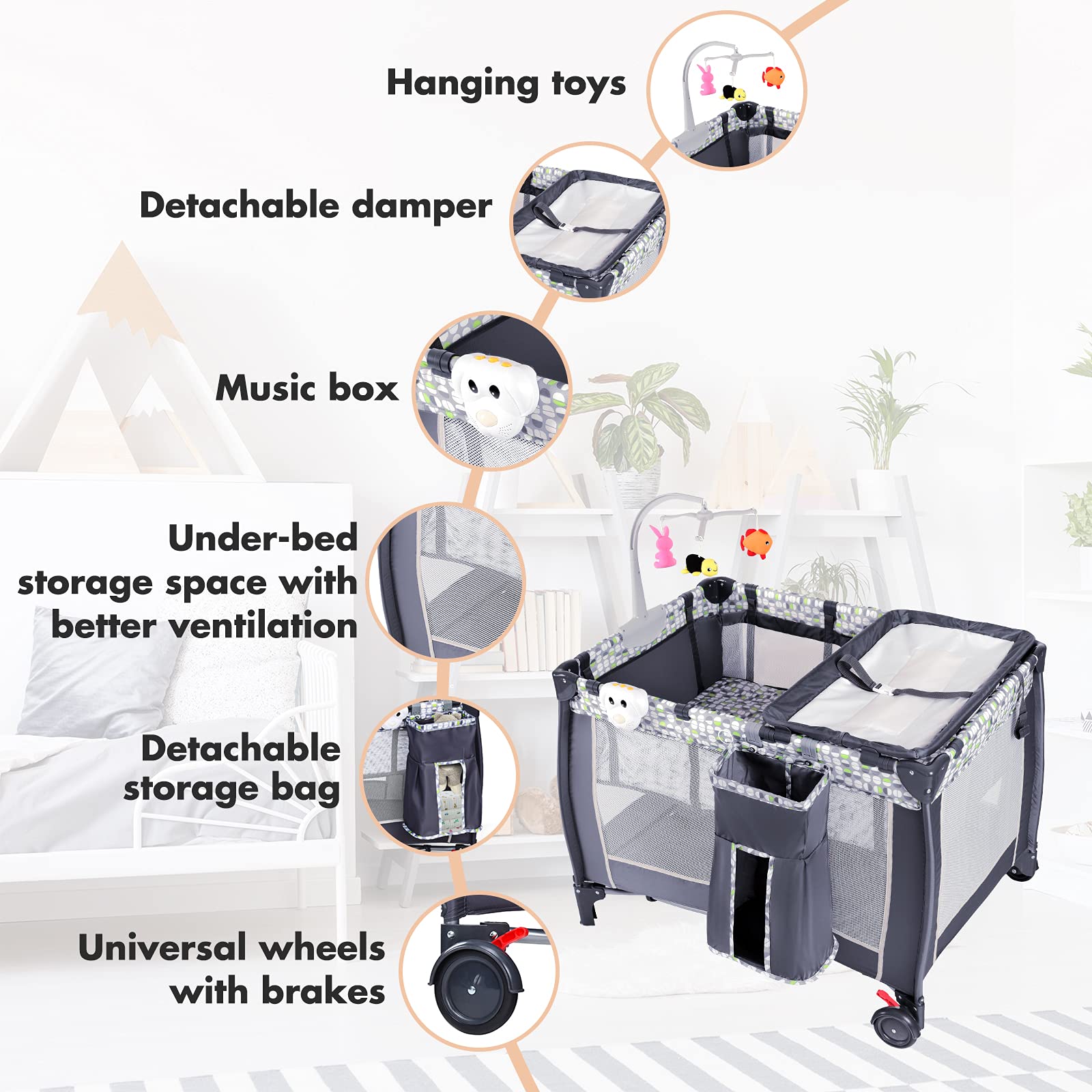 HONEY JOY Portable Baby Playard, 3-in-1 Pack and Play with Infant Bassinet, Diaper Changer & Toy Bar, Lockable Wheels, Toddler Play Yard w/Carry Bag Gray