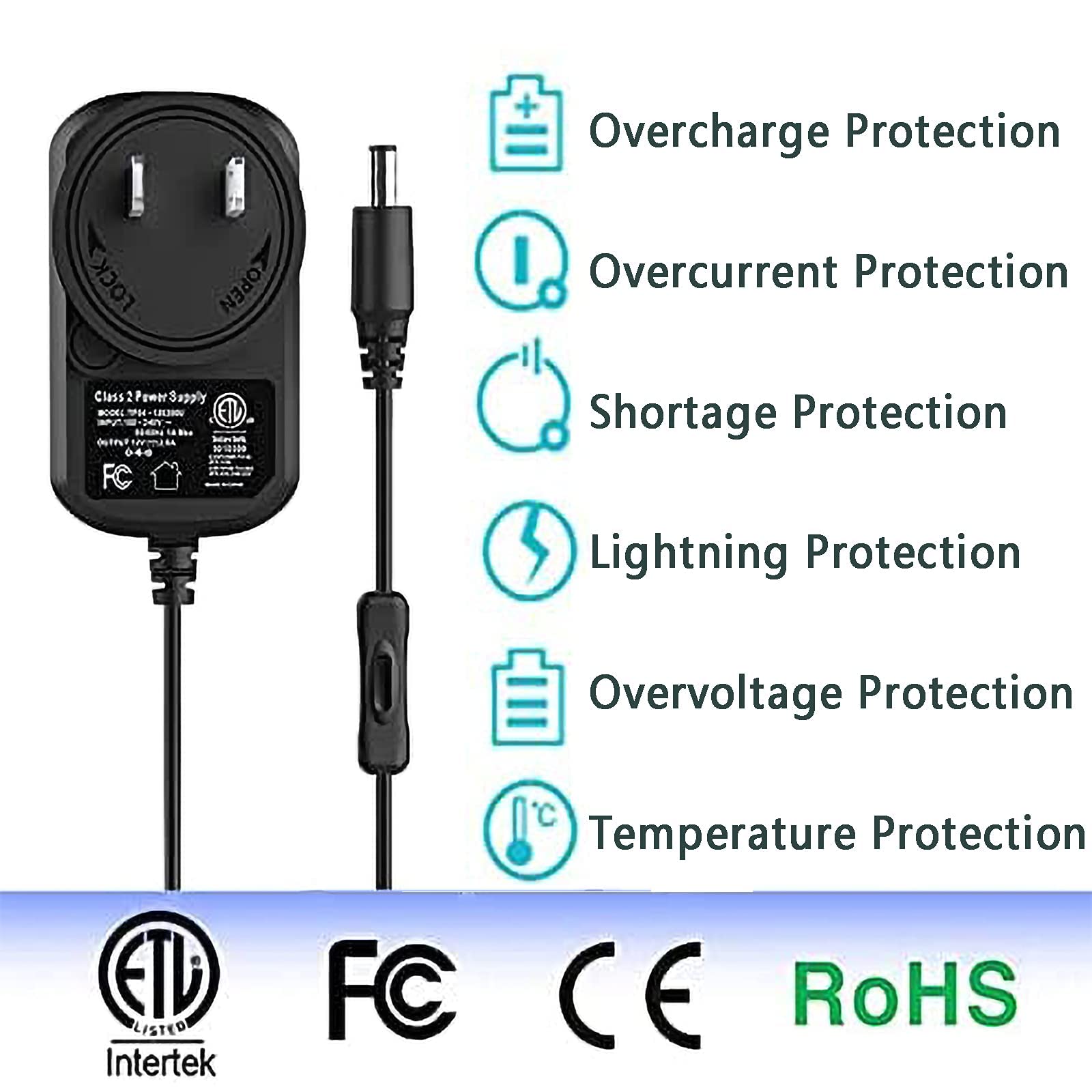 F1TP DC 12V 2A Power Supply Adapter with On Off Switch, 12Volt 2amp Wall Charger for LED Light Strip, DVR/NVR/CCTV Camera, Led Tape Lights, Digital Photo Frame, Router, Yamaha Keyboard