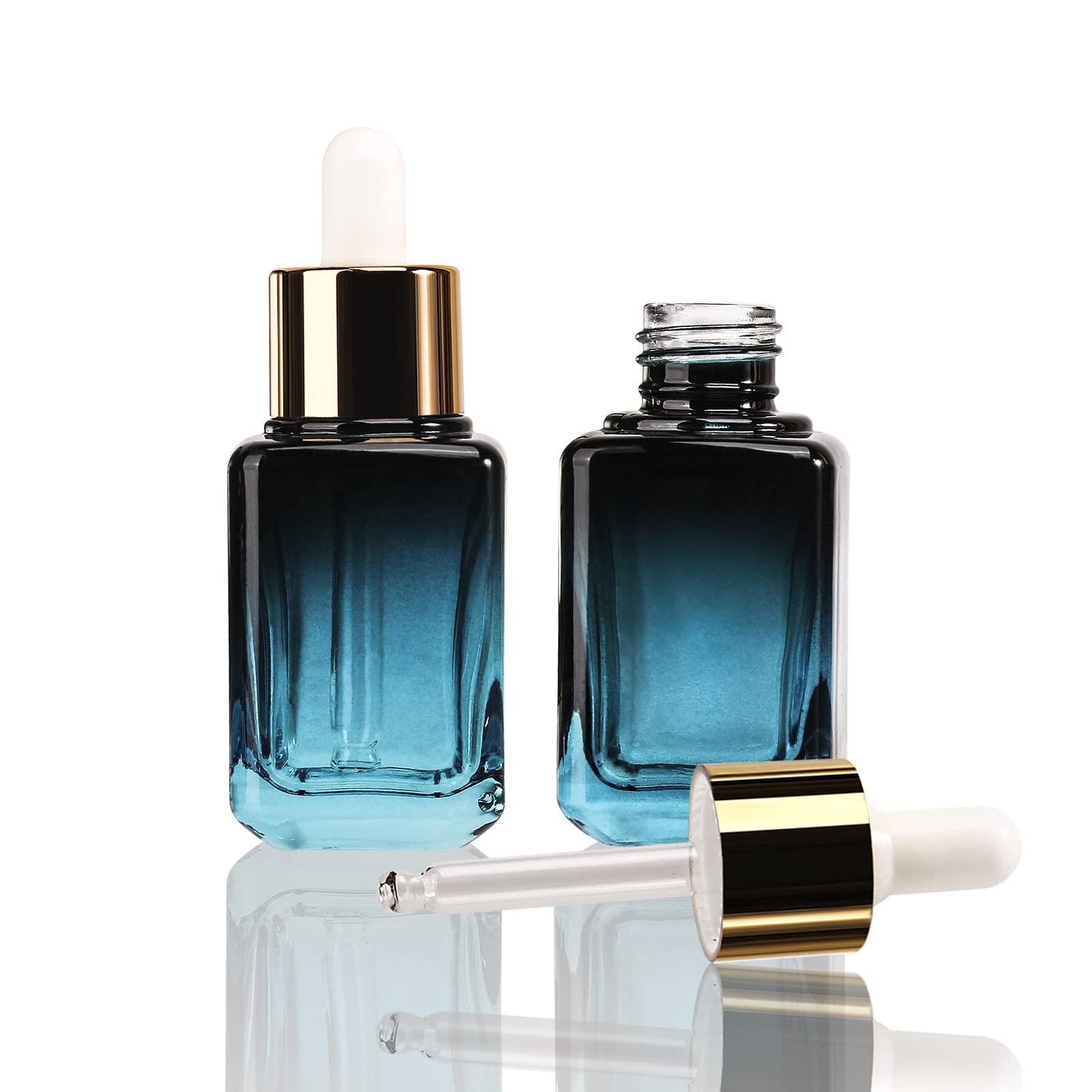 COSIDEA 6pcs Empty gradient Blue Square 30ml / 1oz Glass dropper bottle for Serum essence oil bottles container packing