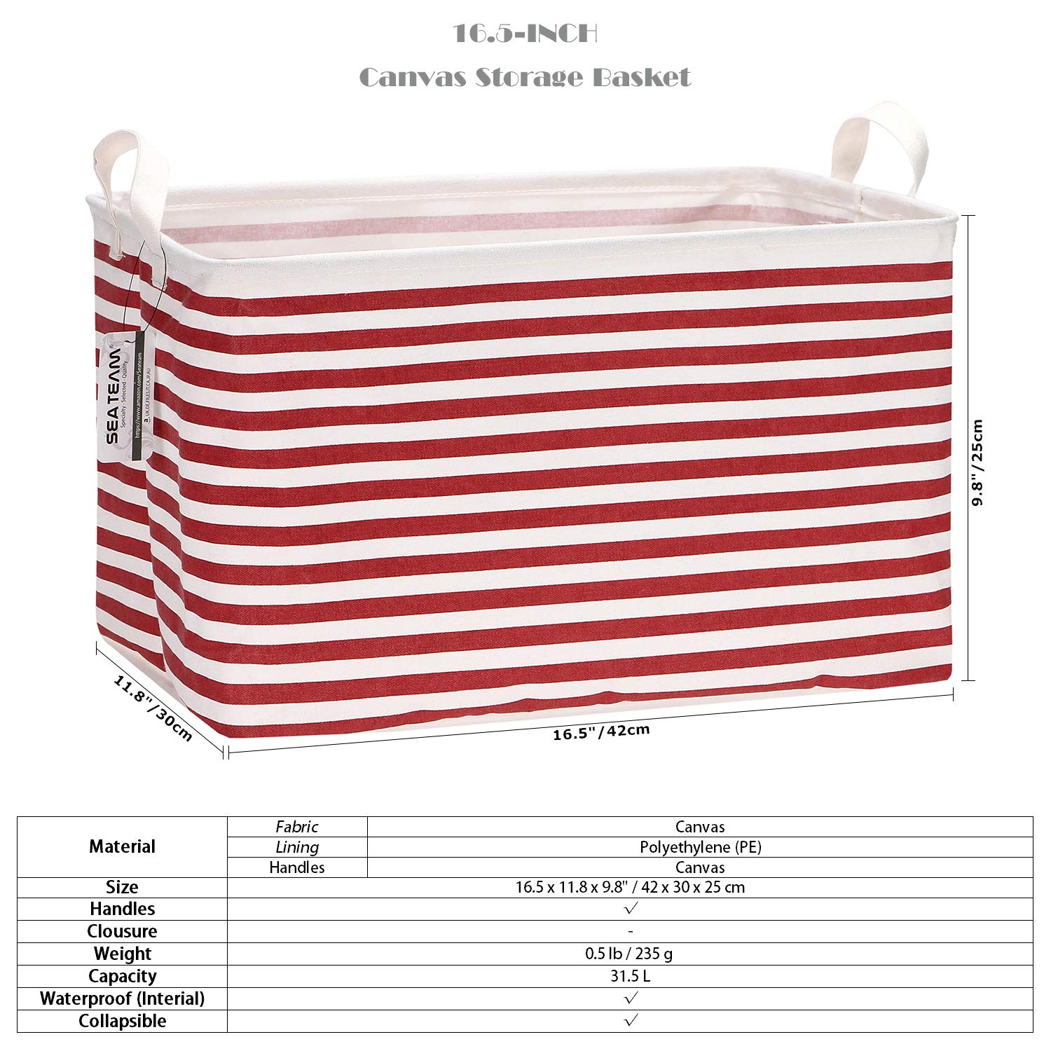 Sea Team Collapsible Canvas Fabric Storage Basket with Handles, Rectangle Waterproof Storage Bin, Box, Cube, Foldable Shelf Basket, Closet Organizer, 16.5 x 11.8 x 9.8 Inches, Red Stripe