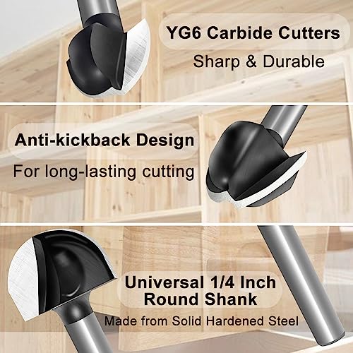 ASNOMY 6pcs Core Box Router Bit 1/4 Inch Shank Round Nose Cove Box Router Bits-1/4" 5/16" 1/2" 5/8" 3/4" 7/8" Cutting Diameter Solid Carbide Core Box Round Nose Router Bits