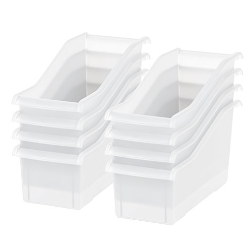 IRIS USA 15" x 6" Plastic Connecting Book and Paper Storage Container Bin, 8-Pack, Vertical Standing Plastic Book Binder Notebook File Craft Organizer Box for Classroom Kids Room Office, Clear