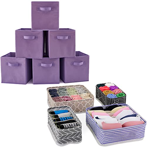 EZOWare Bundle Kit 6 Pcs Purple Collapsible Fabric Cube Storage Bin Baskets + 4 Closet Wardrobe Dresser Drawer Organizer Divider For Organizing Nursery Baby Clothes