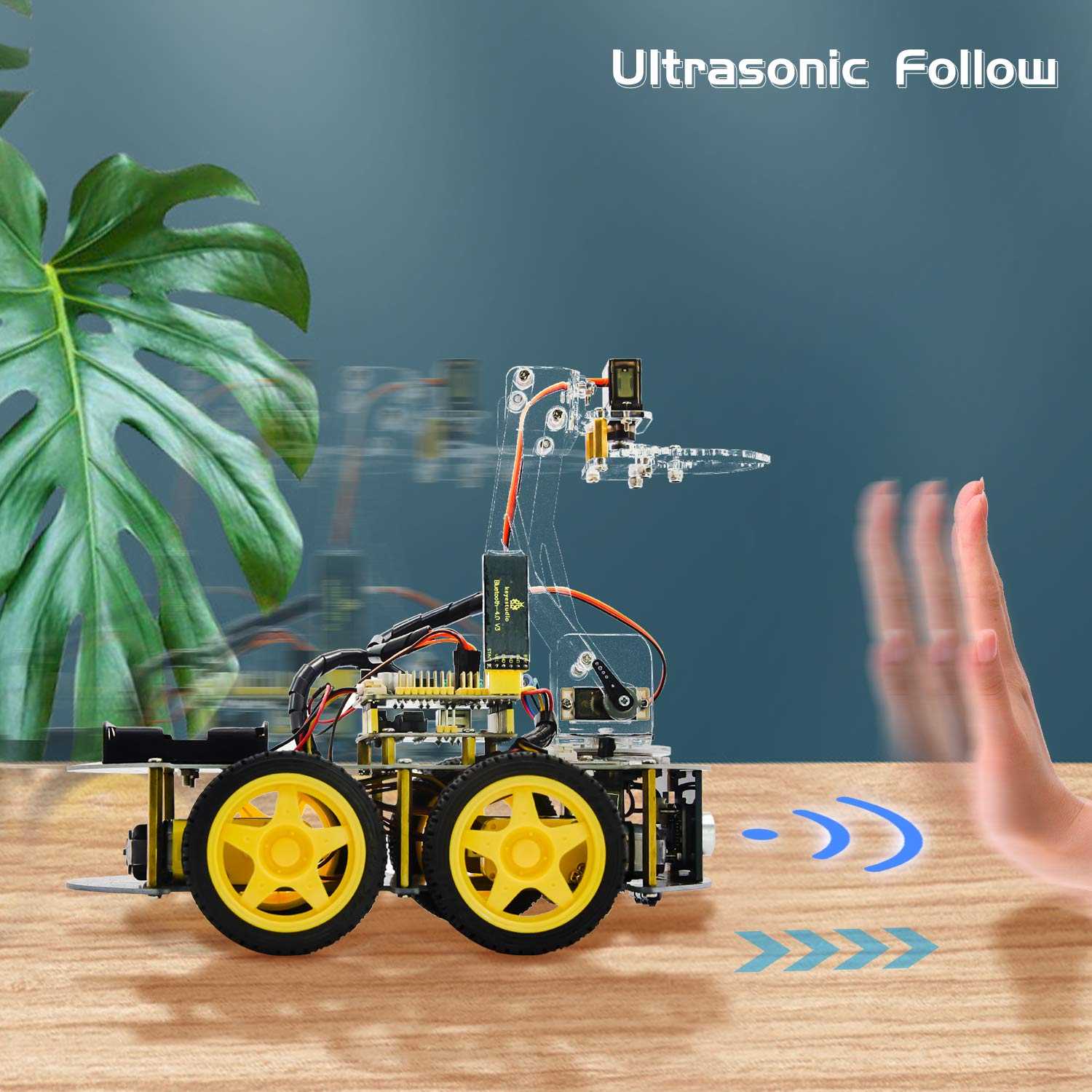 KEYESTUDIO 4WD Bluetooth Smart Car Robot Arm Building Starter Kit for Arduino ,for Uno R3 Programmable Robotics Coding Kit DIY Set for Student Adults 15+