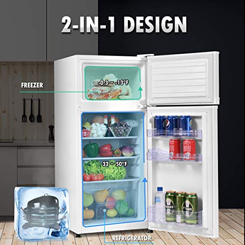 MAT EXPERT 3.4 Cu.Ft 2-Door Mini Fridge with Freezer, Compact Refrigerator w/Adjustable Removable Glass Shelves, Mechanical Control & Recessed Handle Small Drink Cooler for Dorm/Office/Home/RV (White)