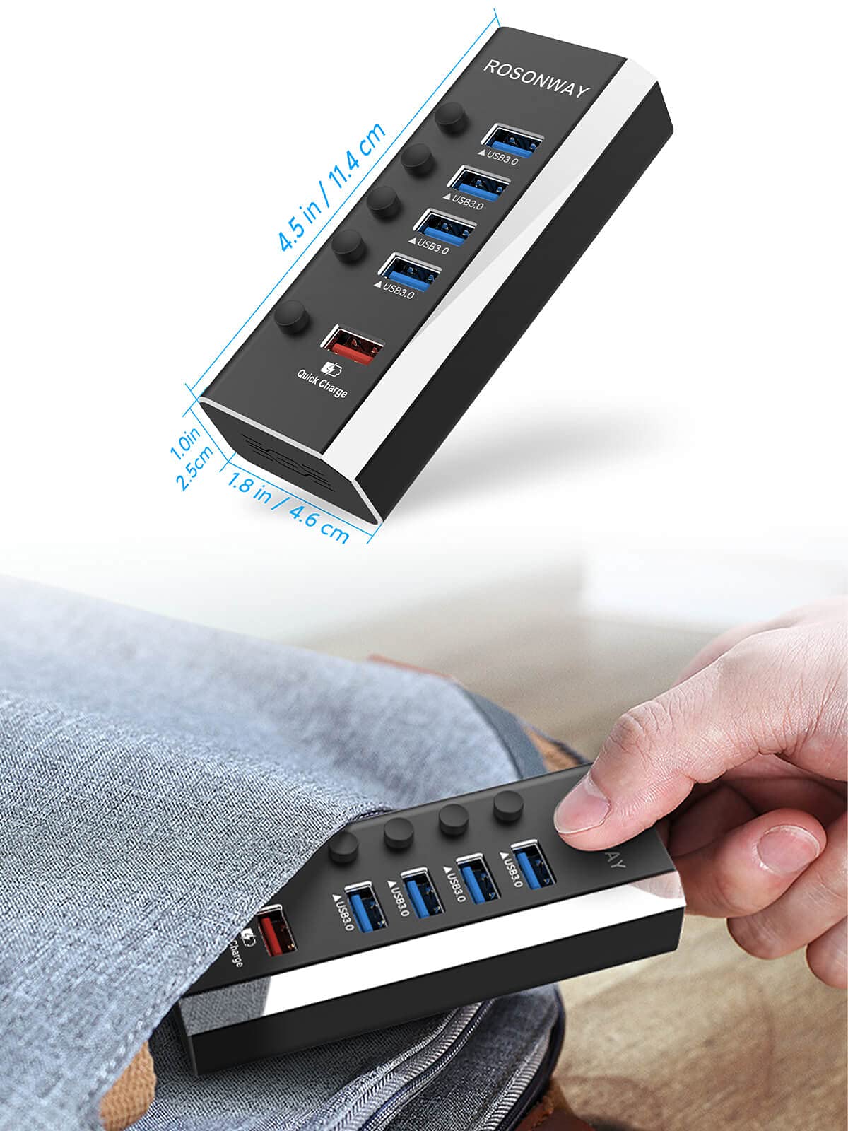 Powered USB Hub Rosonway Aluminum 5 Port USB Hub Expander with 4 USB 3.0 Data Ports and 1 Fast Charging Port, USB Hub 3.0 Splitter with 24W(12V/2A) Power Adapter and Individual Switches (RSH-A35)