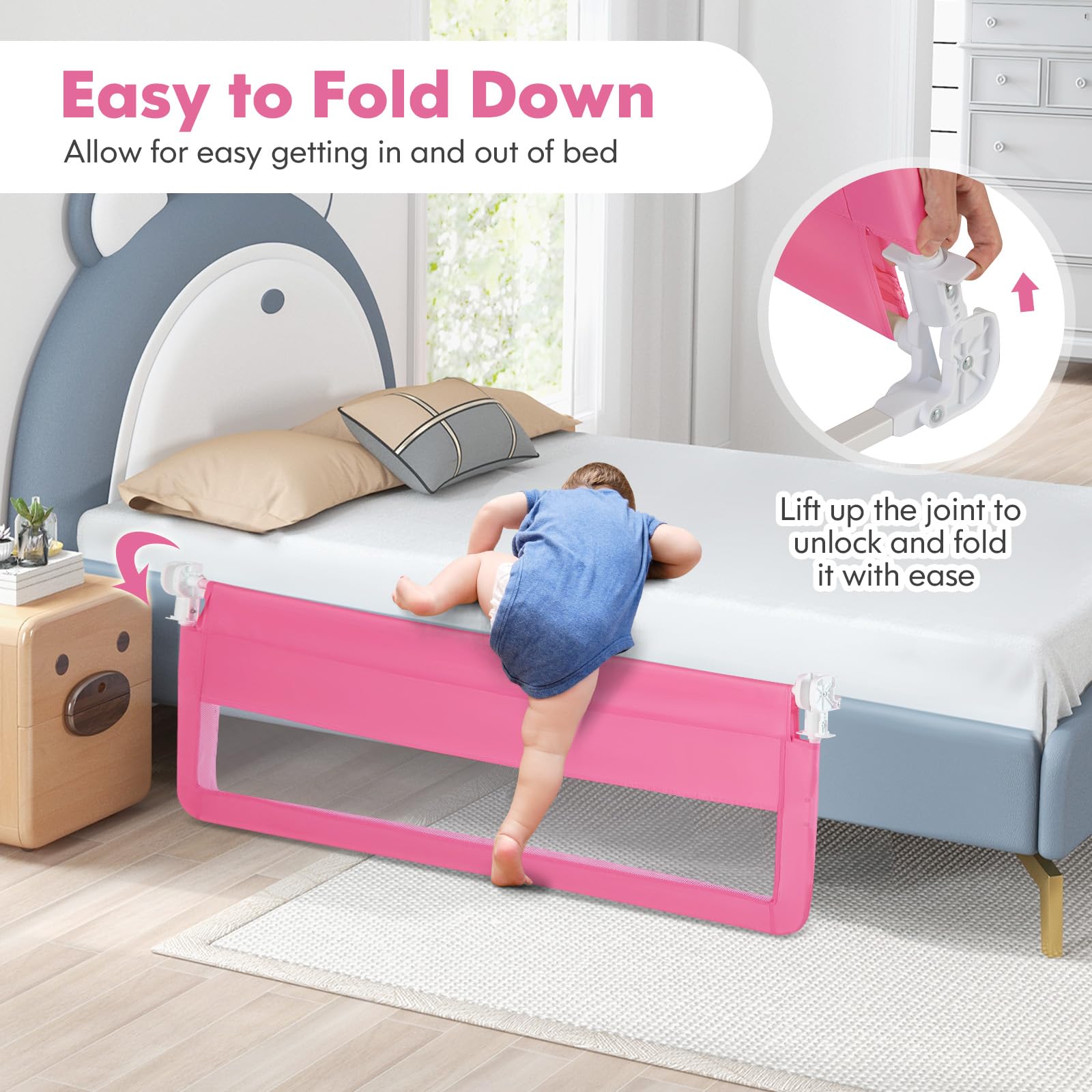 Costzon Bed Rail for Toddlers, 2 PCS Extra Long Swing Down Safety Bed Guards w/Straps for Convertible Crib, Kids Twin, Double, Full Size, Queen & King Bed, Folding Bed Rails for Baby (59-Inch, Pink)