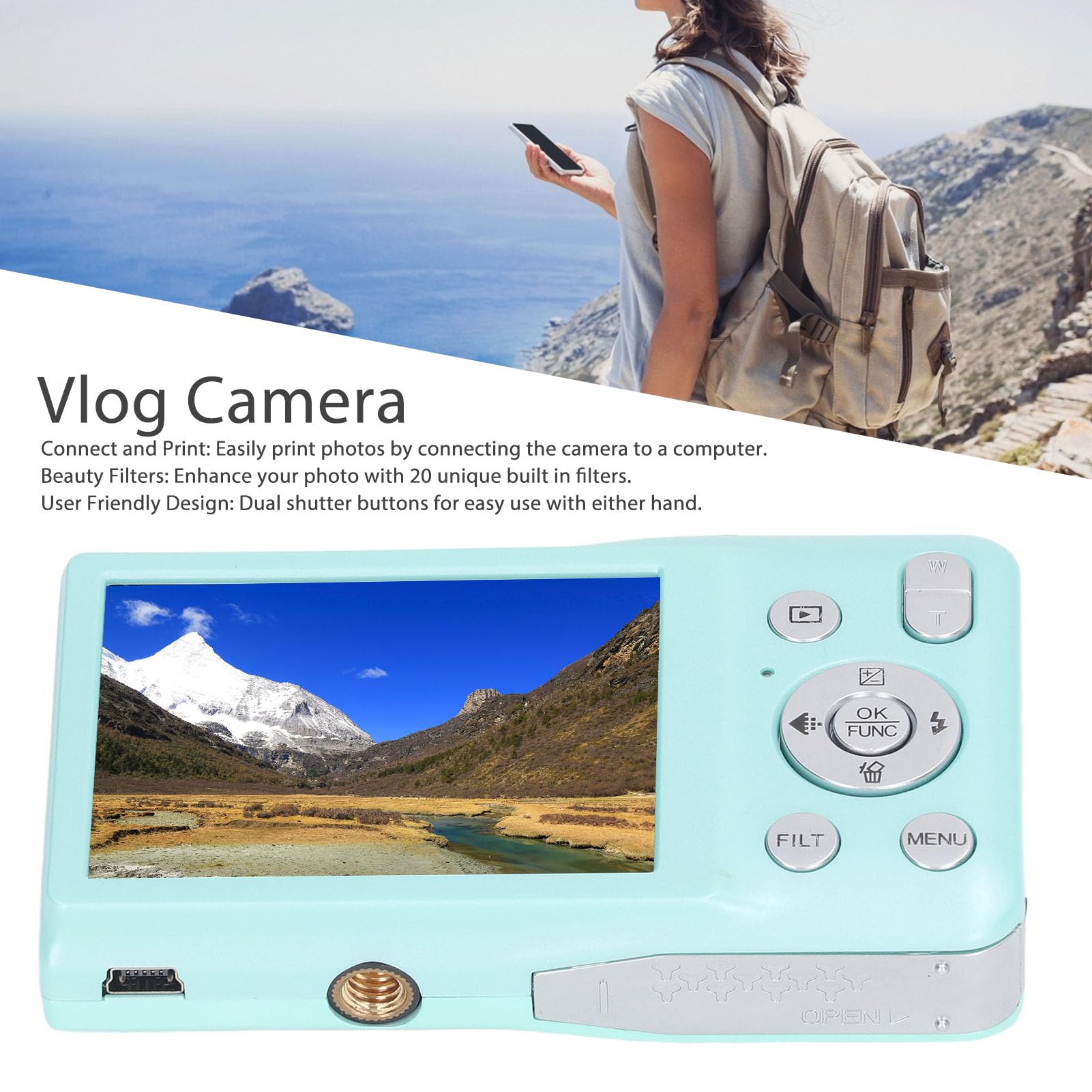 8K Digital Camera, 16X Zoom Selfie Camera Auto Focus with 2.7 Inch HD Screen for Photography Video Recording, 68MP Portable Vlogging Camera for Travel (Green)