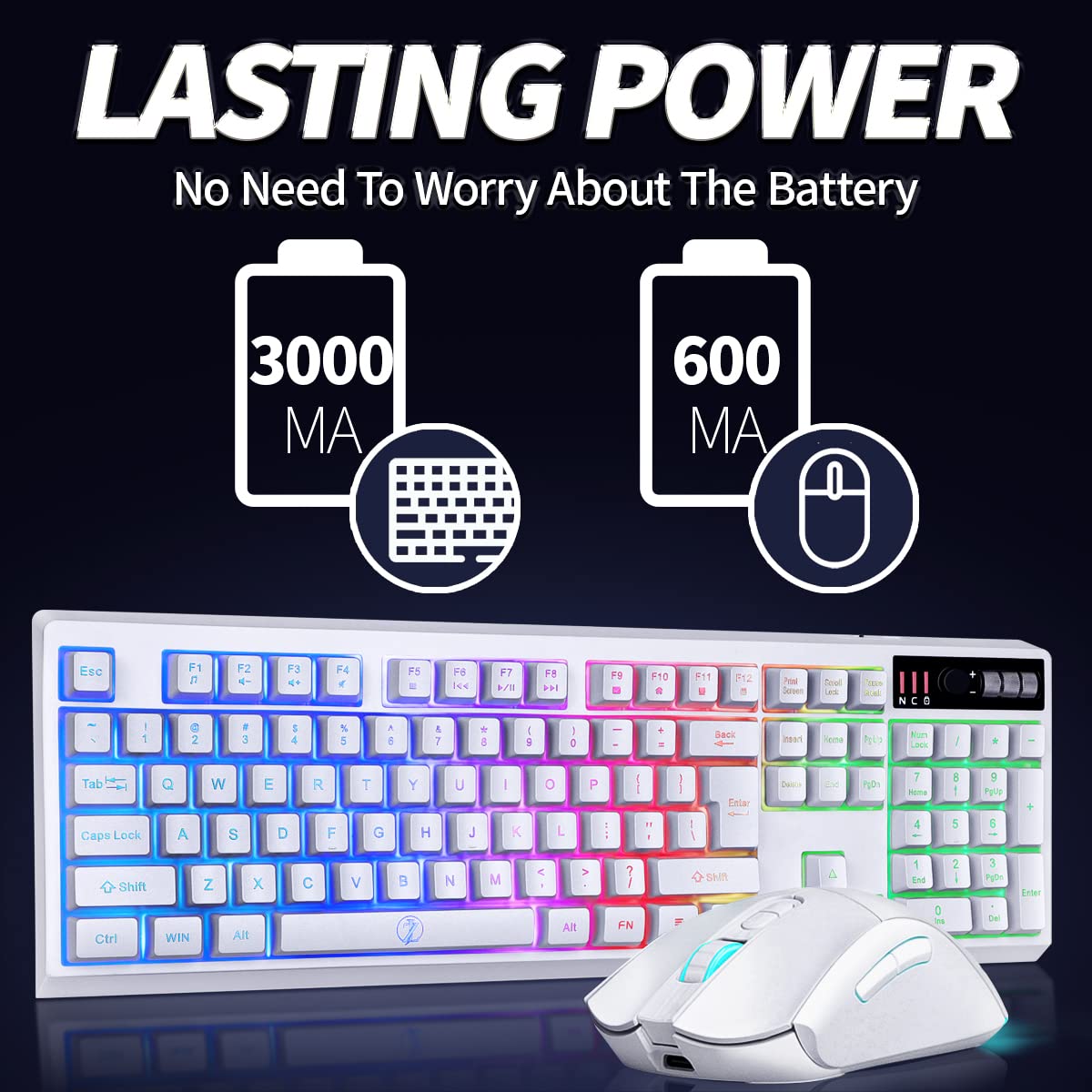 Wireless Gaming Keyboard and Mouse Combo, 104 Keys Standard US Layout RGB Backlit Rechargeable Mechanical Feel Waterproof Mute Mouse for Gamers(White)