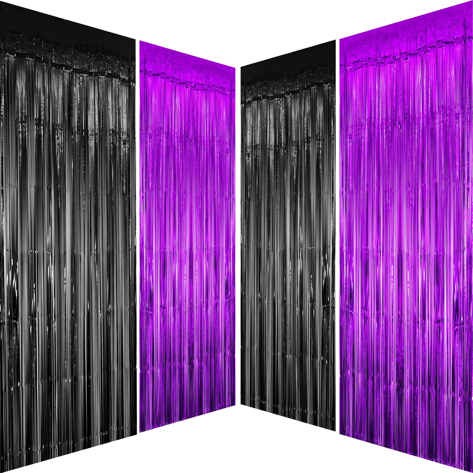 Black Purple Metallic Tinsel Foil Fringe Curtain - Video Game Birthday Baby Shower Graduation Halloween Retirement Bachelorette Wedding Anniversary Carnival Party Photo Booth Backdrop Decoration, 4pc