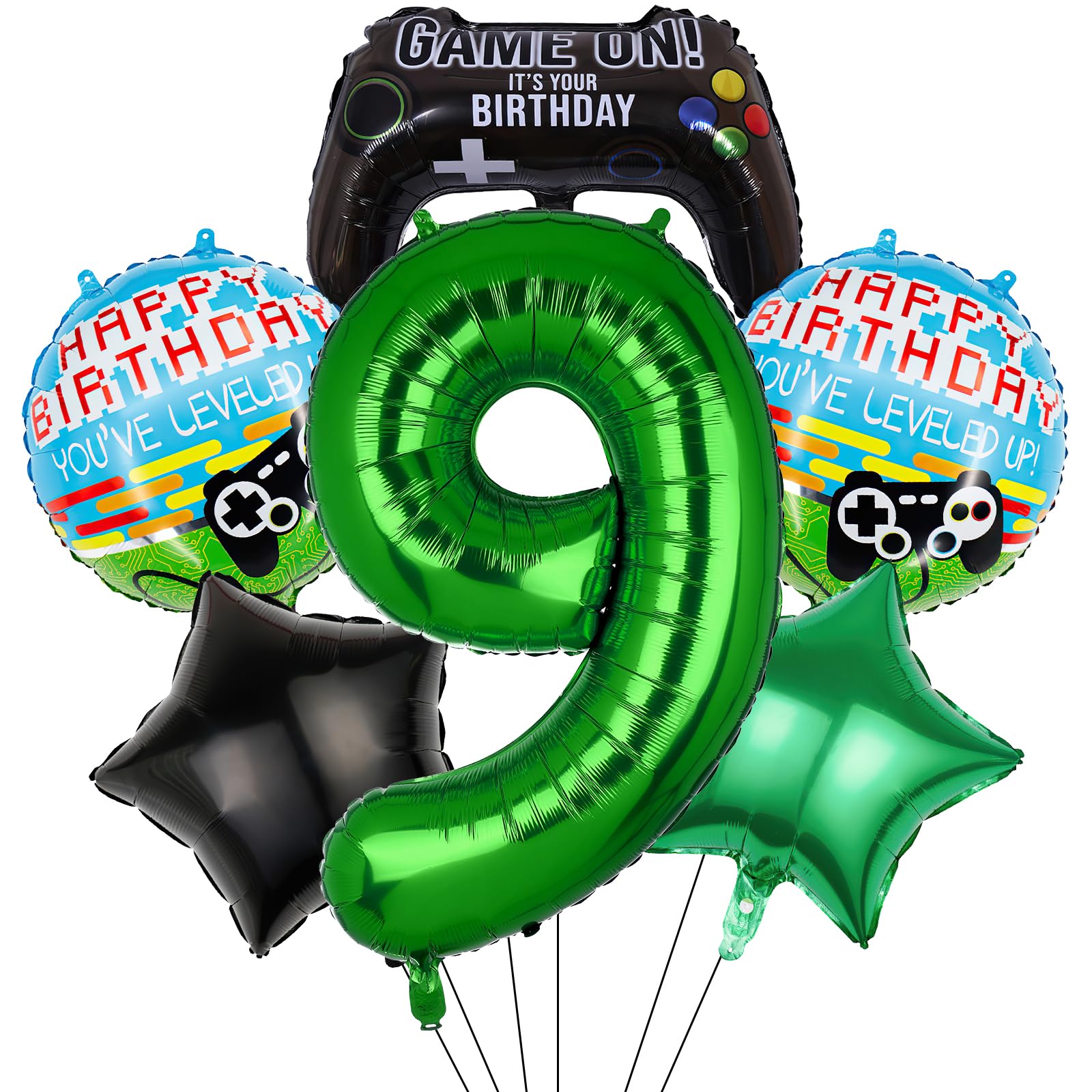 6Pcs Video Game Balloons, Video Game Controller Birthday Number Mylar Foil Balloon, Video Game Party Supplies Game On Birthday Decorations (9th)