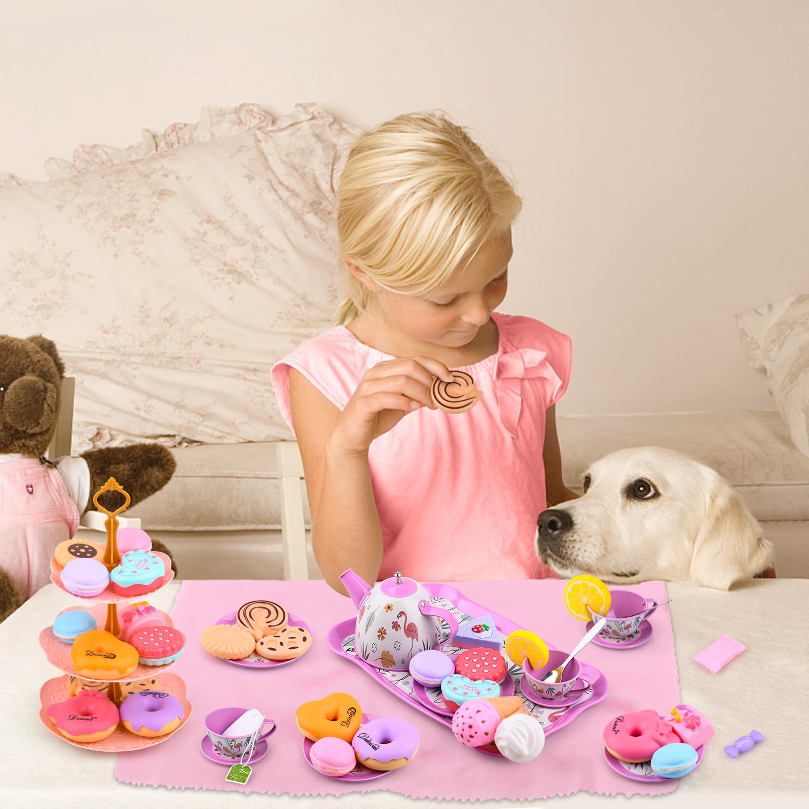 41Pcs Tea Party Set for Little Girls, Pretend Tin Teapot Set, Princess Tea Time Play Kitchen Toy with Dessert, Doughnut, Carrying Birthday Gift Case for Toddlers Age 3 4 5 6