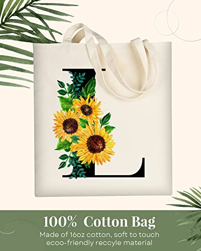 AUSVKAI Canvas Tote Bag Aesthetic for Women, Cute Sunflower Initial Trendy Monogram Personalized Initial Birthday Reusable Cloth Cotton Bags with Handle for Grocery School Shopping Beach