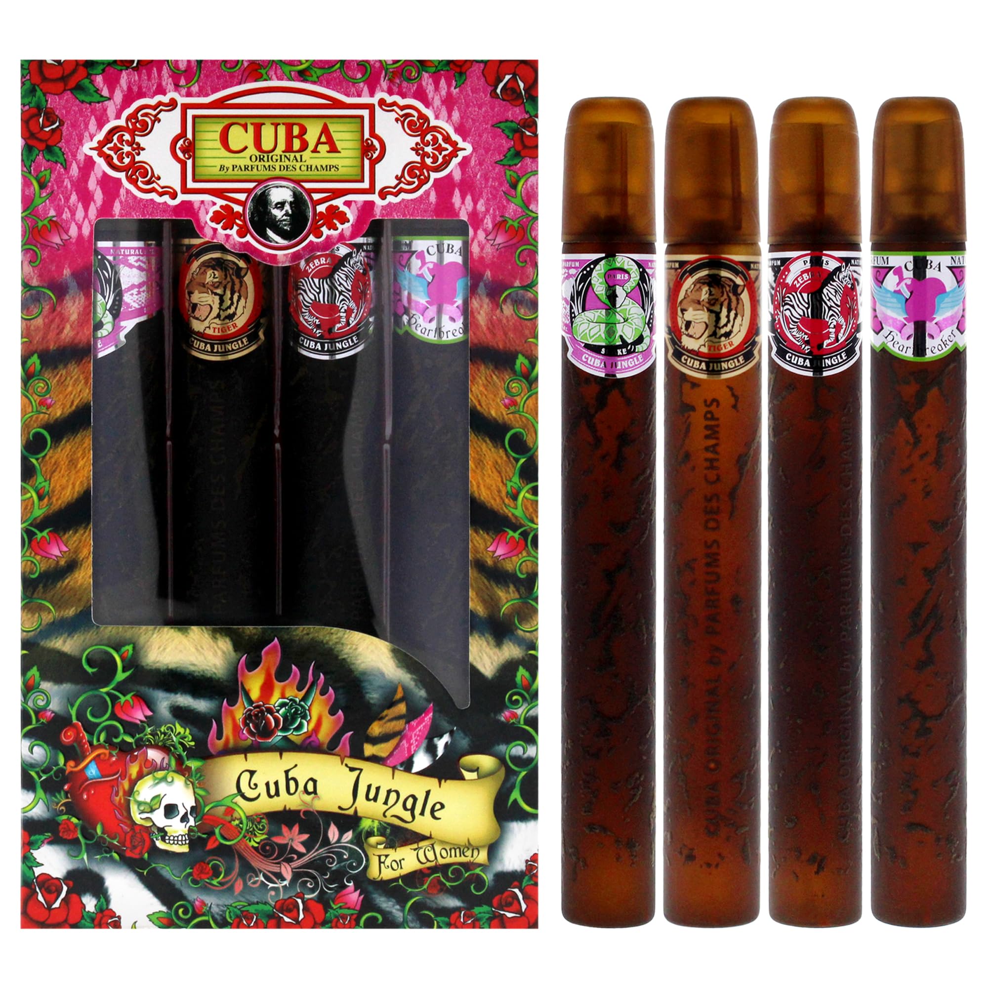 Cuba Original by Parfums Des Champs Jungle Collection 4-Piece Perfume Variety Gift Set - Includes Cuba Snake, Cuba Tiger, Cuba Zebra, and Cuba Heartbreaker - 1.17 Oz Perfume (EDP) Each