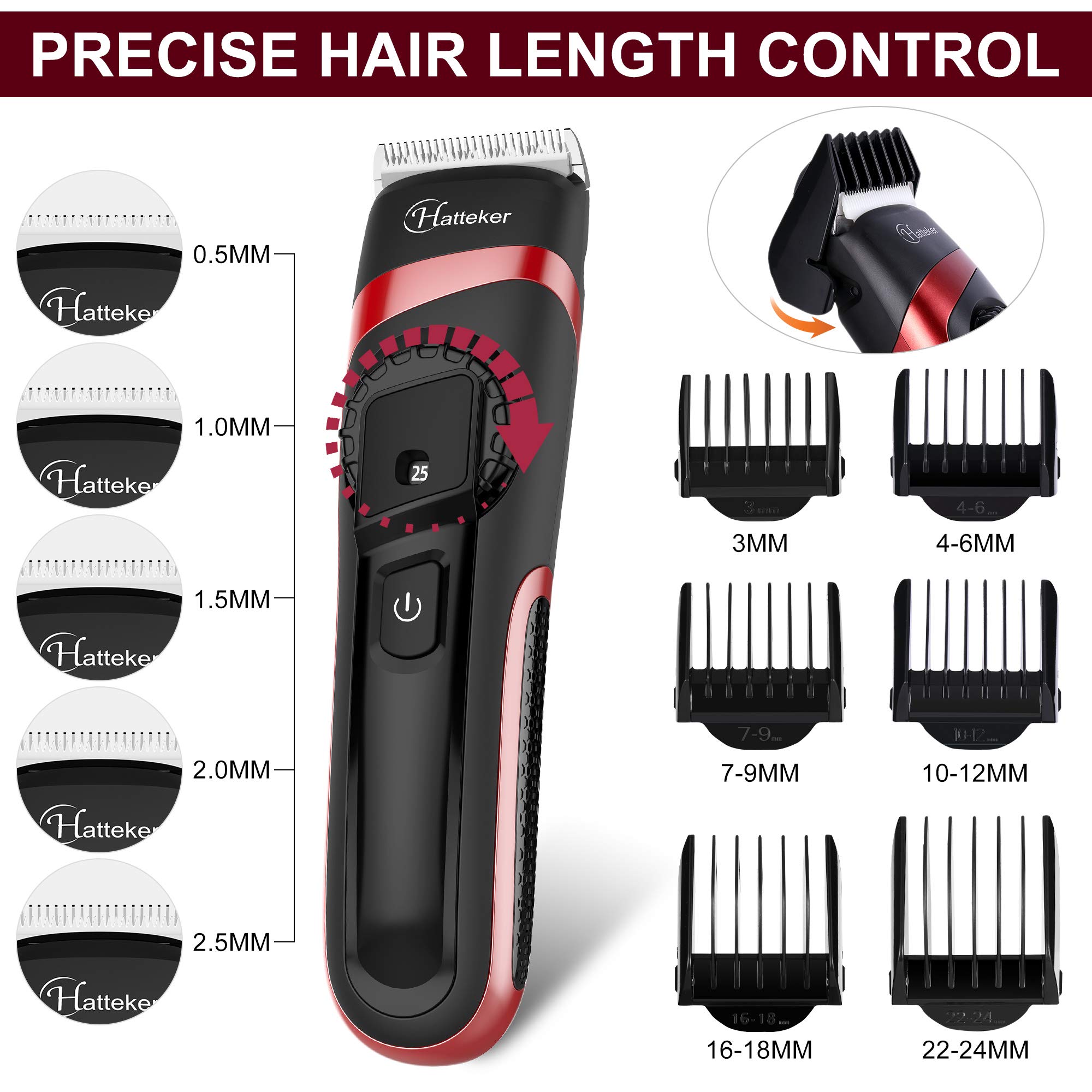 HATTEKER Hair Clippers for Men Cordless Hair Trimmer Professional Men's Beard Trimmer Waterproof Hair Cutting Kit with Fine Adjustment Wet/Dry