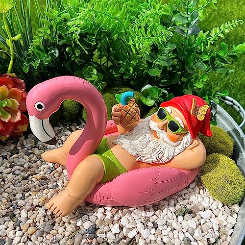 Mood Lab Garden Gnome on Flamingo - Funny Gnome Figurine - 8 Inch Depth Lawn Statue - for Outdoor or House Decor