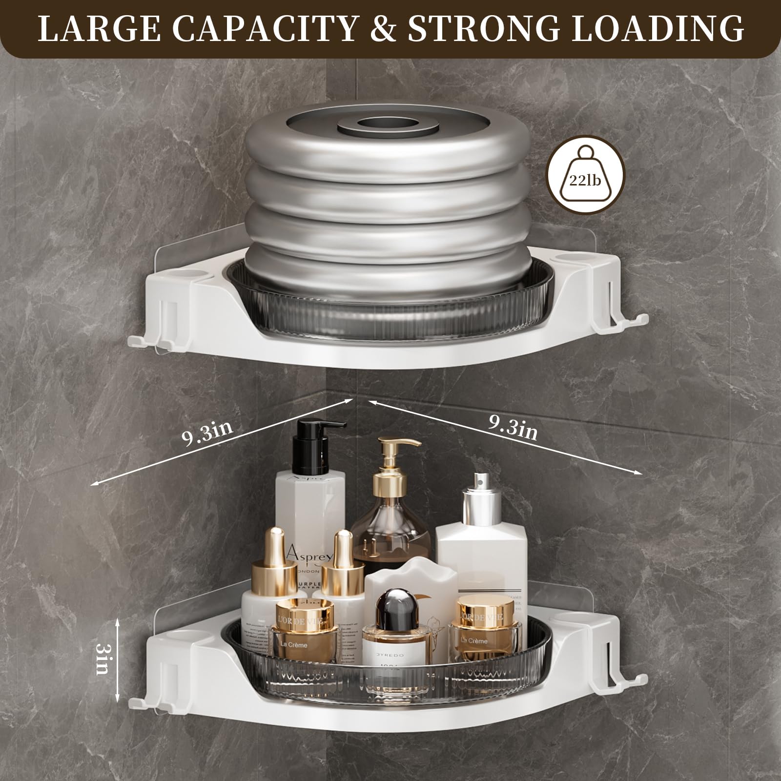 akinbas Corner Shower 3 Tier Caddy Lazy Susan Organizer 360 Rotating Corner Shelf Wall Mounted with No Drilling Shelves for Bathroom Dorm and Kitchen (White)