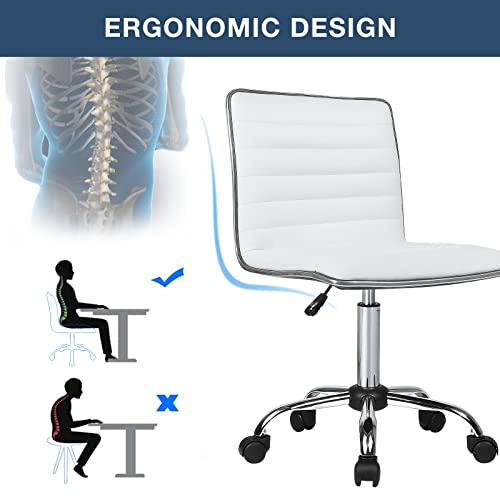 BOSSIN Adjustable Home Office Chair, Mid-Back Armless Ribbed Swivel Task Chair,Vanity Chair for Small Space, Living Room, Make-up, Studying (White)