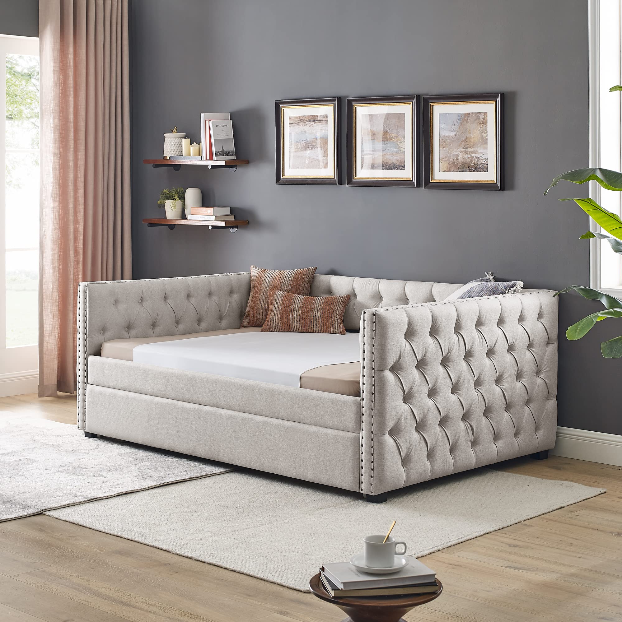 Antetek Daybed with Trundle, Modern Upholstered Full Size Button-Tufted Sofa Bed Frame with A Roll-Out Trundle, No Box Spring Needed, Furniture for Bedroom Living Room Guest Room (Beige, Full)