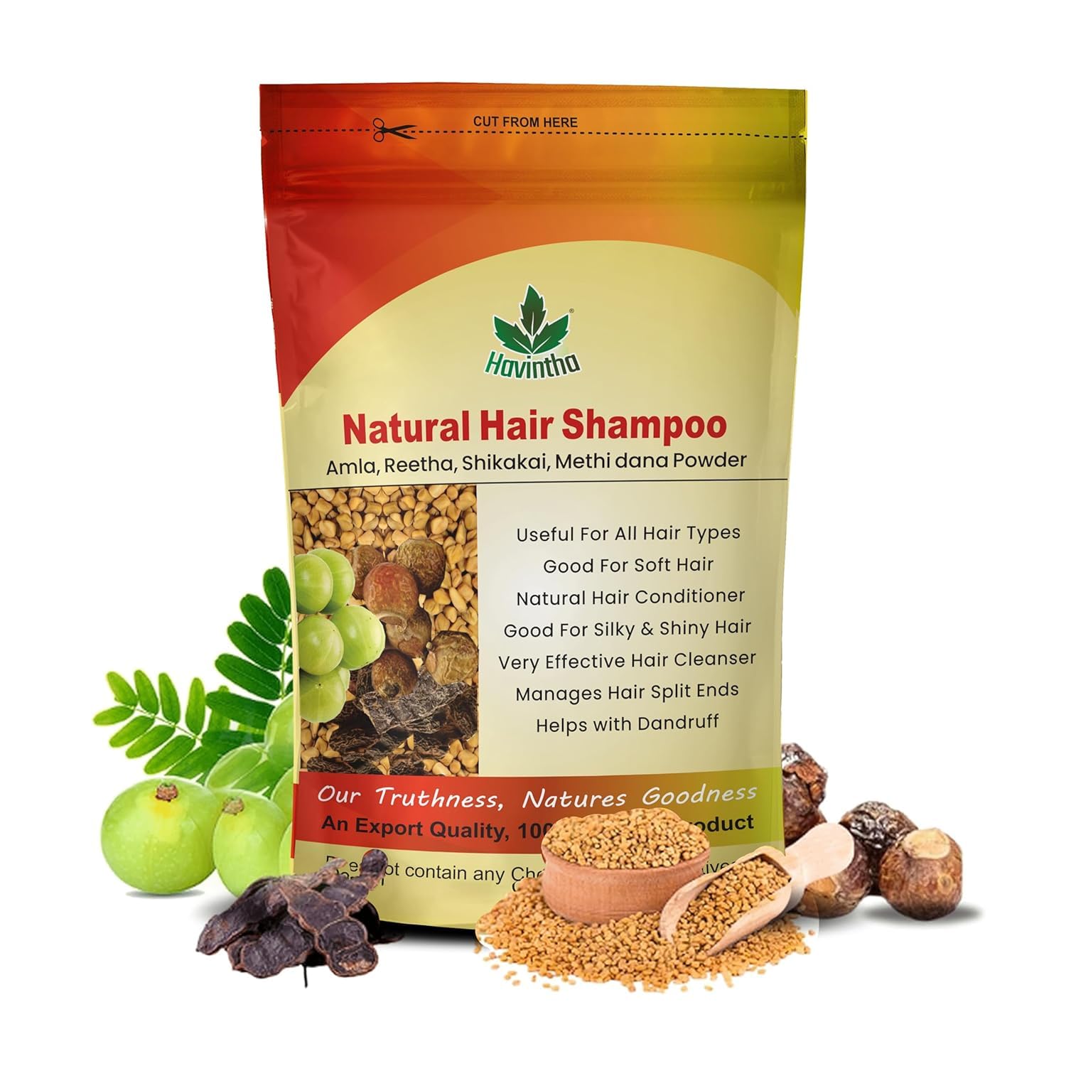 Havintha Natural Hair Shampoo with Amla, Reetha, Shikakai and Methi dana Powder for hair wash - 8 ounce | 0.5 pound | 227 grams (Pack of 1)