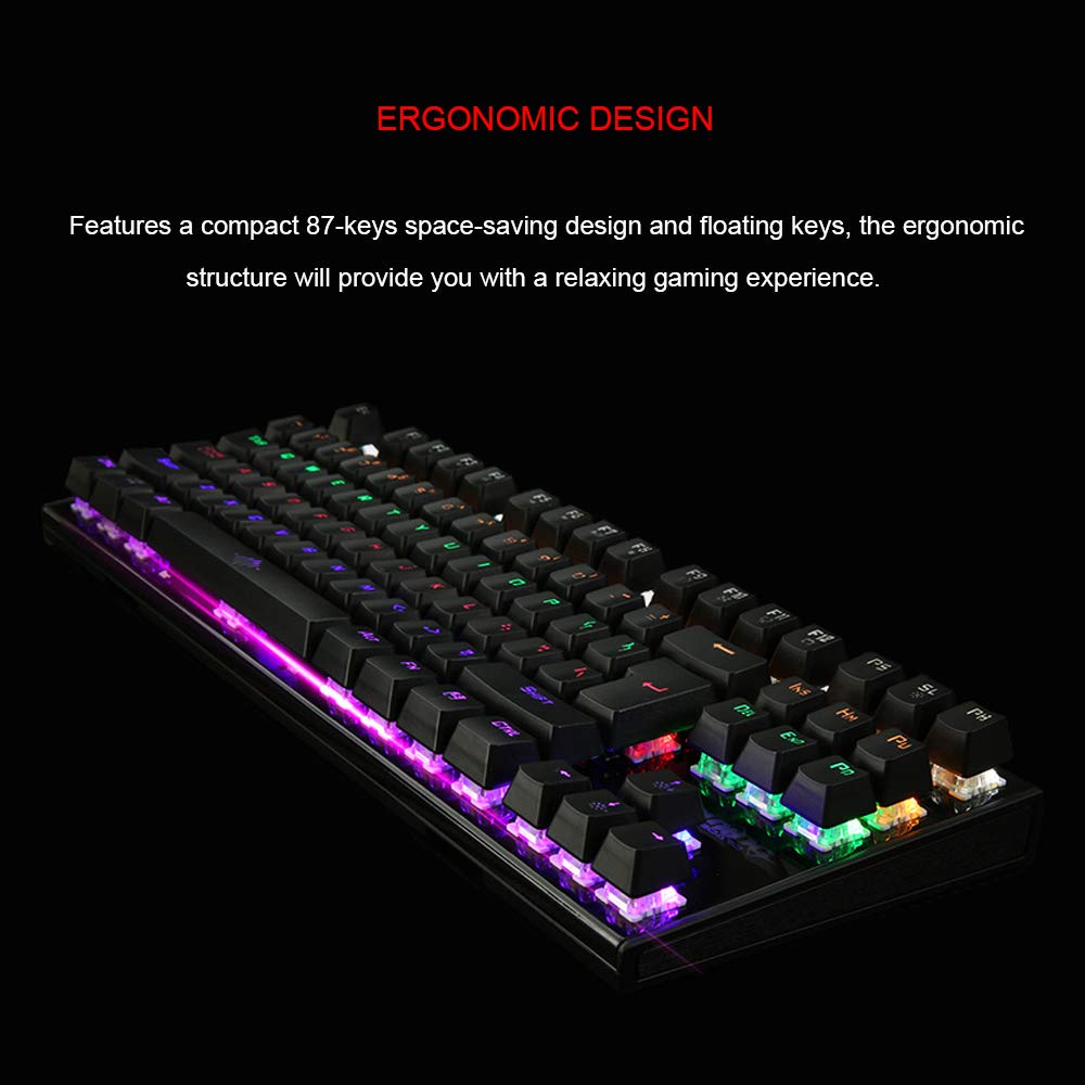 RedThunder K28 Mechanical Gaming Keyboard with Blue Switches, 87 Keys 100% Anti-ghosting Keyboard with Colorful LED Backlight and Big Hand-Rest for PC and Laptop Gamers