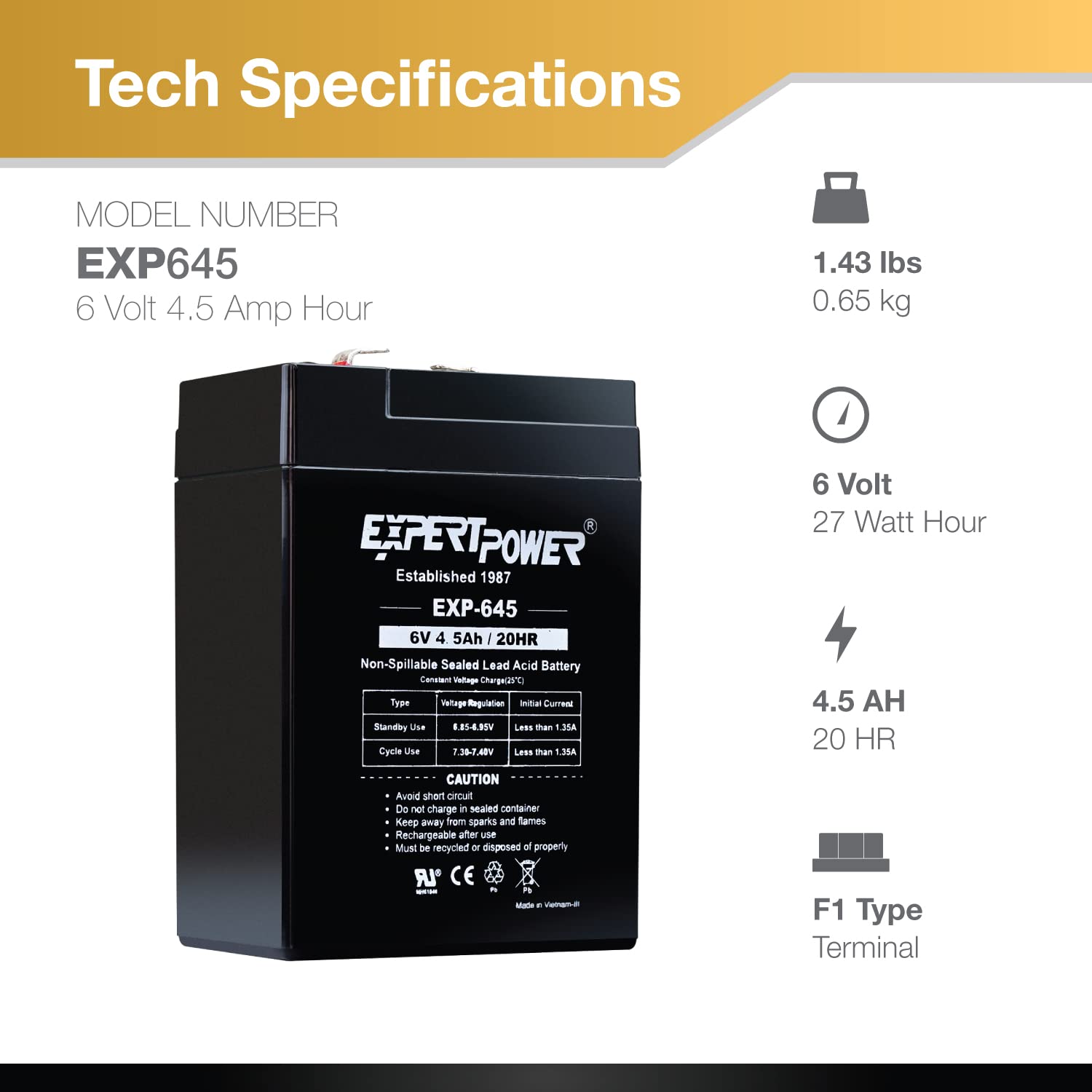 ExpertPower 6 Volt 4.5 Amp Rechargeable Battery (EXP645) - 10 Pack