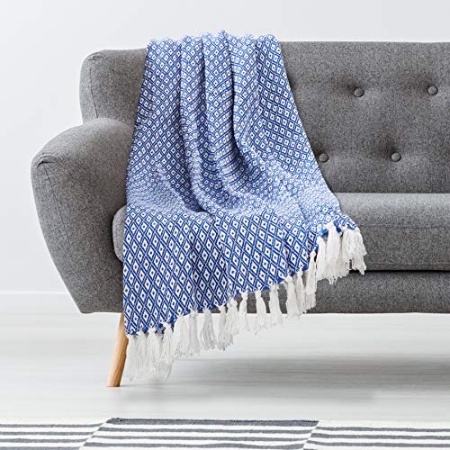 Americanflat 100% Cotton Throw Blanket for Couch - 50x60 Blue and White Throw Blanket for Bed, Sofa, or Chair - Machine Washable, All Seasons Neutral Lightweight Blanket Indoor or Outdoor Use
