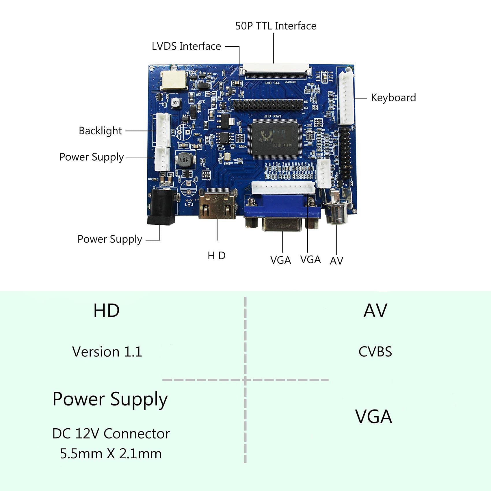 HDMI VGA 2AV LCD Controller Board for 6.5" AT065TN14 7" AT070TN92 AT070TN94 8" AT080TN64 9" AT090TN12 800x480 50Pins LCD Screen