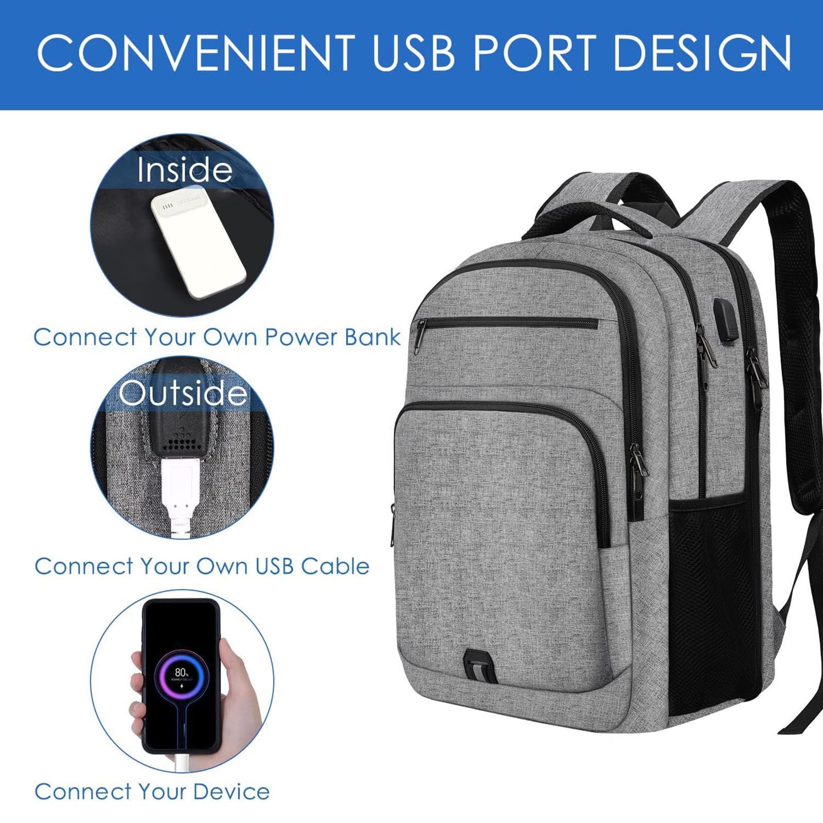 42L Extra Large Backpack, Anti Theft TSA Flight Approved Laptop Backpack for Men Women, 17.3 Inch Business Computer Backpack with USB Port, Water Resistant Teacher Nurse Travel Weekender Daypack, Grey