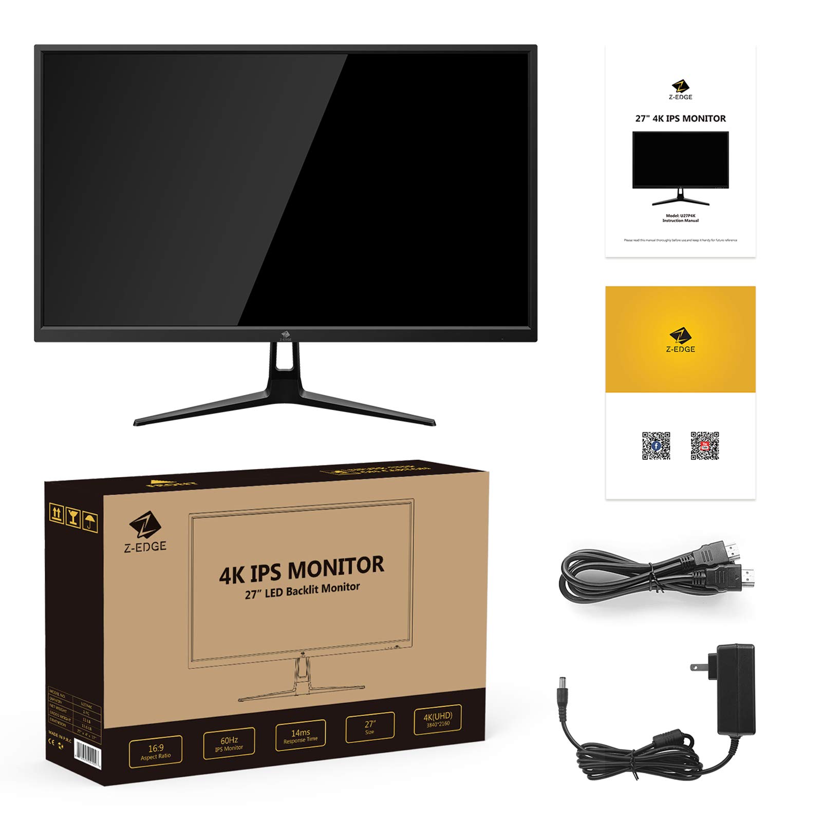 Z-Edge 27-inch Gaming Monitor Ultra HD 4K, 60Hz Refresh Rate, 3840x2160 IPS LED Monitor, 300 cd/m², HDMIx2+DPx1, U27P4K FreeSync Technology