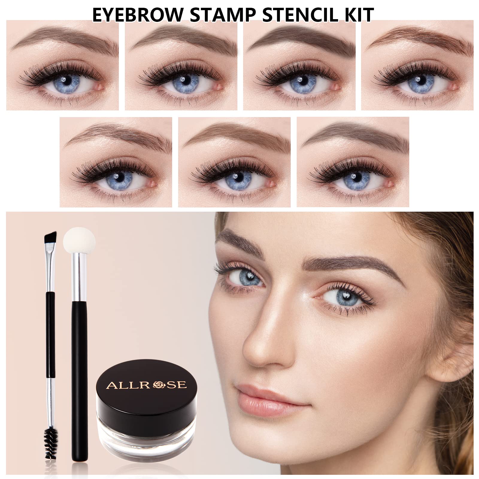 ALLROSE Eyebrow Stamp Stencil Kit - Waterproof Eye Brow Stamping Kit for Perfect Eyebrows with 20 Brow Stencils, Brow Stamp Stencil Kit, Dark Brown