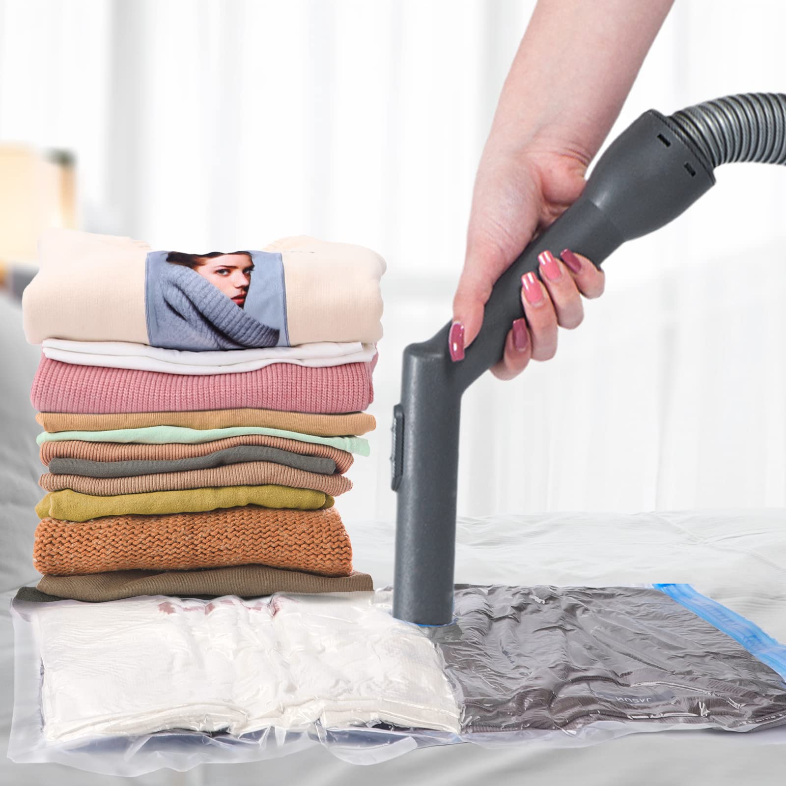 Vacuum Storage Bags, 8 Jumbo Space Saver Bags, Vacuum Sealer Bags for Clothes, Clothing, Comforters and Blankets, Compression Storage Bags with Hand Pump