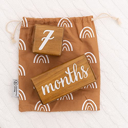 Pondering Pine Baby Milestone Blocks - Natural Pine Wood with Weeks Months Years Grade - Milestones Age Block Set with Boho Rainbow Bag, Newborn Weekly Monthly First Year Picture Props, Earth Friendly