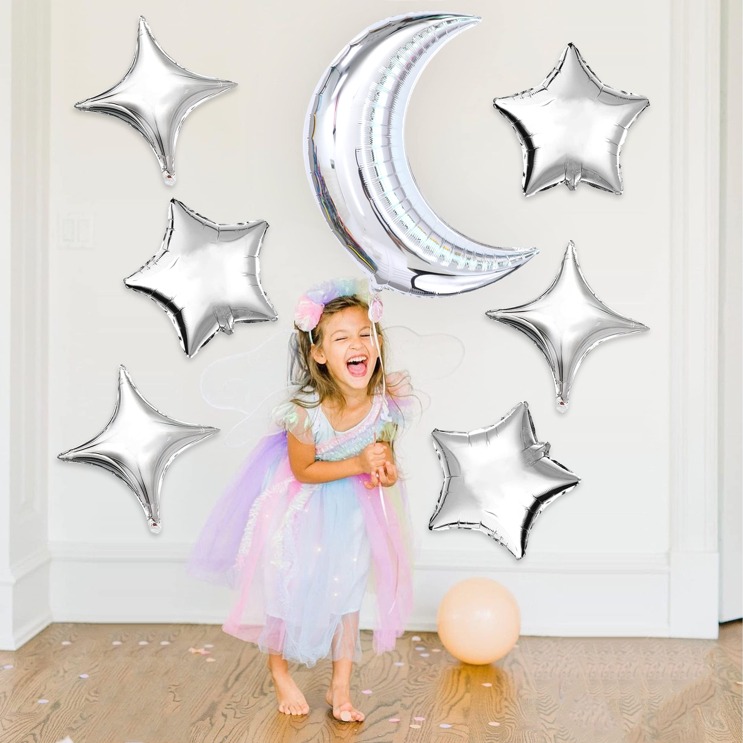 42pcs Silver Star Balloons Silver Moon Balloons Star Balloons Metallic Moon and Star Balloons for Ramadan Eid Mubarak Decorations Graduation, Baby Shower, Space Birthday Party Decorations Supplies
