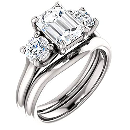 3 Ct Emerald Cut Colorless Moissanite Engagement Ring Set Wedding Bridal Ring Set Solitaire 10K 14K 18K White Gold Sterling Vintage Promise Ring Silver Anniversary Antique Gift