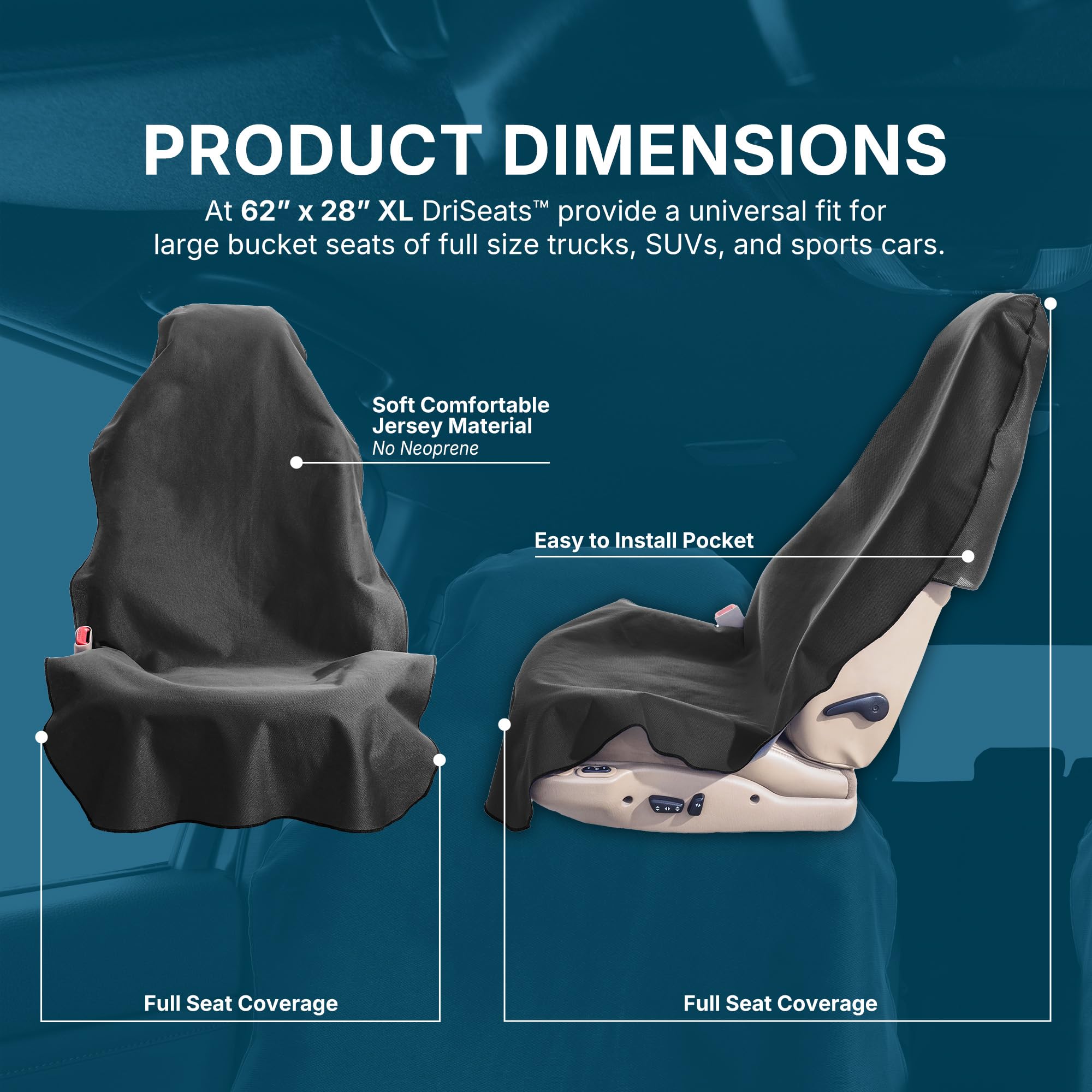 Dri Seats Waterproof Car Seat Cover – Premium Sweat Towel with Slip Resistant Backing for Front Seats in Cars, Trucks, SUVs – Universal Seat Liner, Easy Install, Machine Washable, Breathable– Black XL