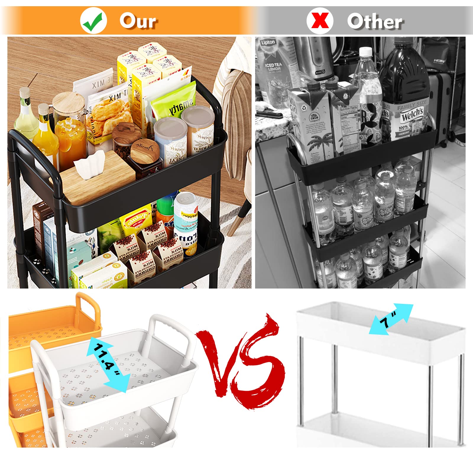 7 code 3 Tier Rolling Cart, Plastic Storage Cart, Multi-Functional Utility Cart Kitchen Storage Organizer,Mobile Shelving Unit Cart with Lockable Wheels for Bathroom,Laundry,Living Room,Black