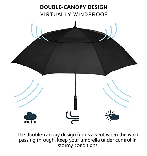MRTLLOA 62/68/72 Inch Automatic Open Black Golf Umbrella, Extra Large Oversize Double Canopy Vented Windproof Waterproof Stick Umbrellas for Rain(62 Inch)